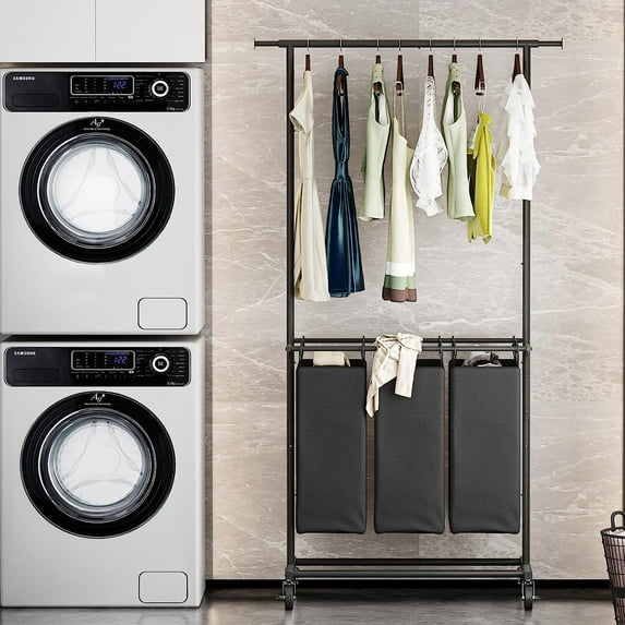 3 Bag Laundry Sorter Cart with Coat Rack, Rolling Laundry Hamper Sorter ...