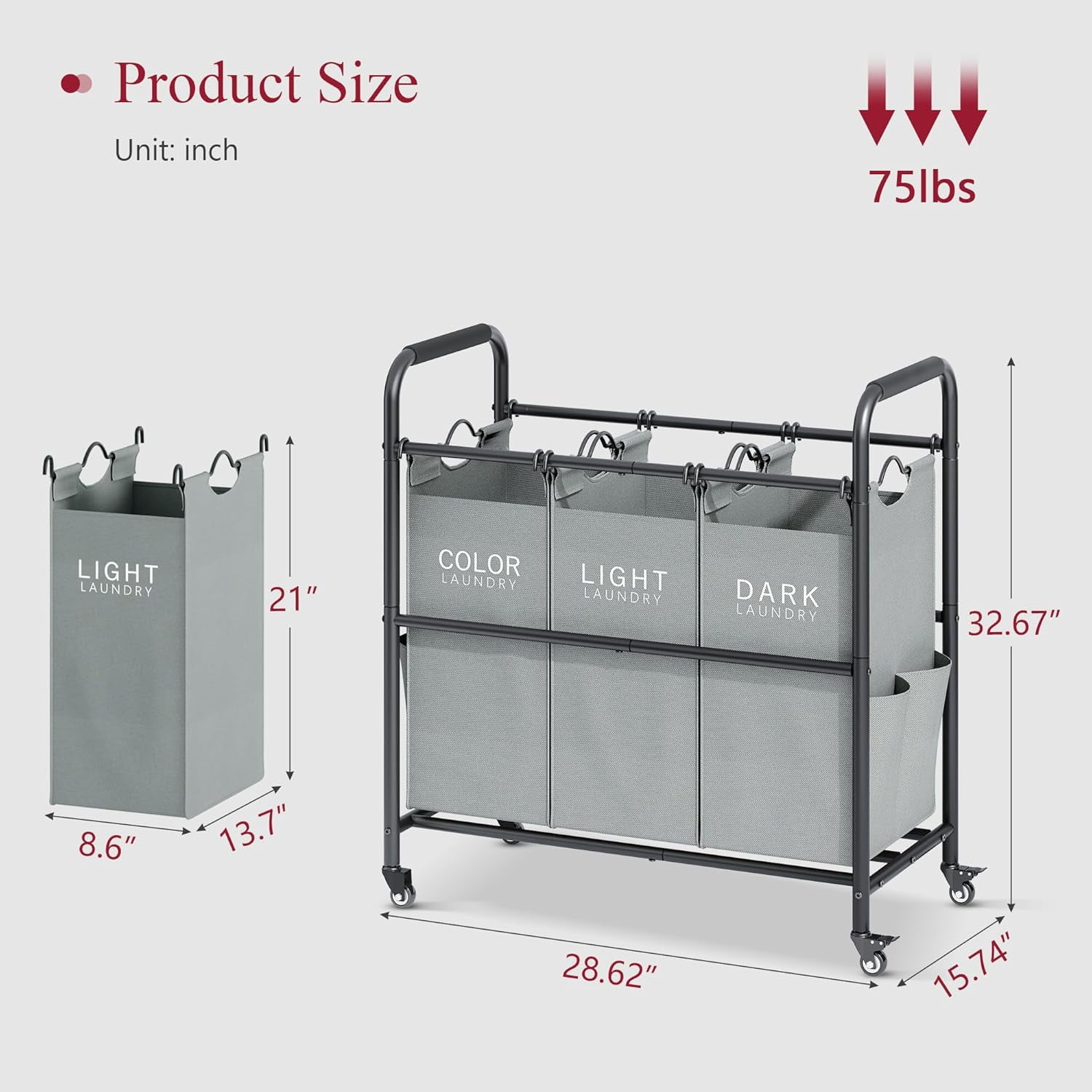3-Bag Laundry Sorter Cart with Lockable Wheels, Heavy Duty Storage ...