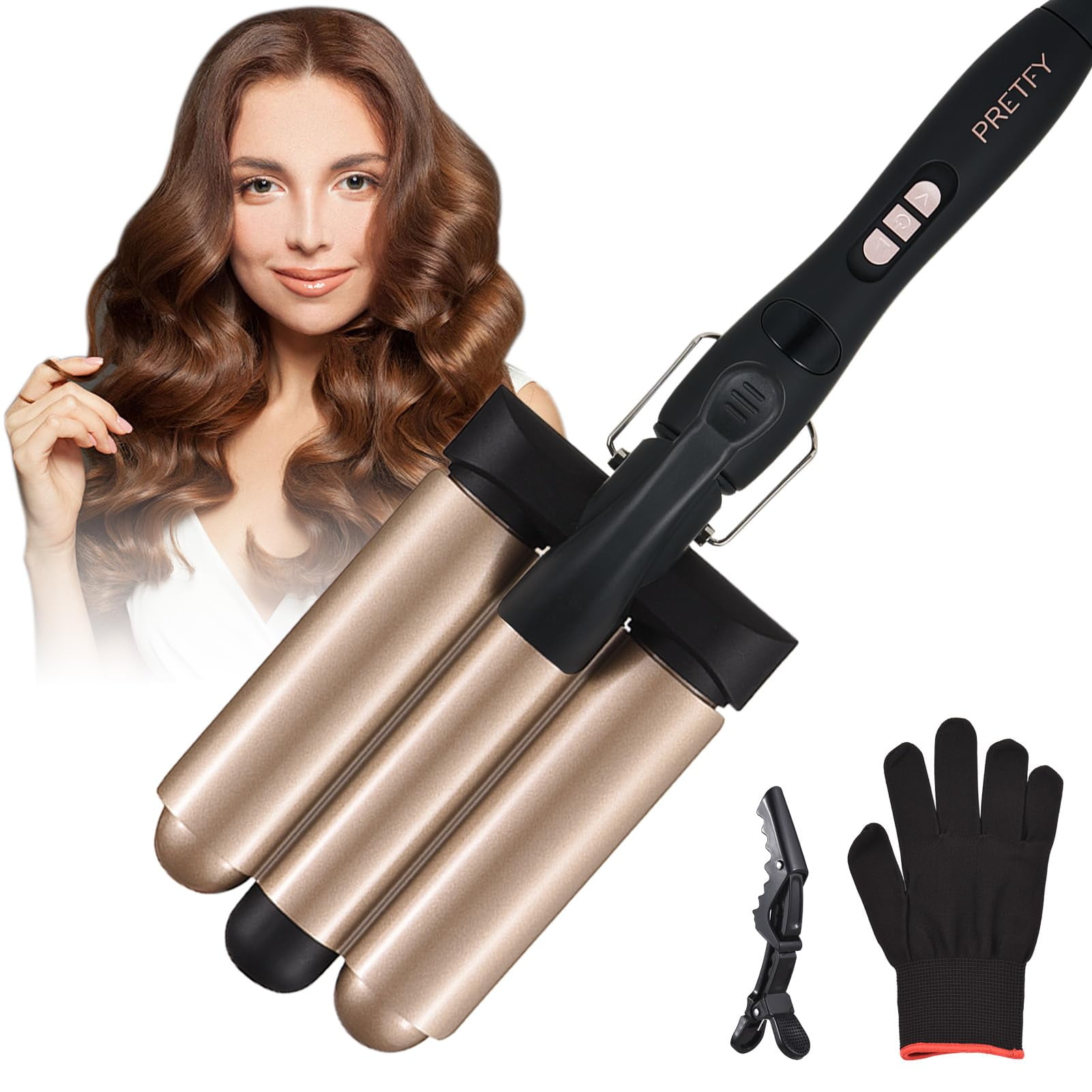 3 Barrel Curling Iron Wand, 1.25 Inch Ceramic Triple Barrels，Temperature Adjustable Portable ...