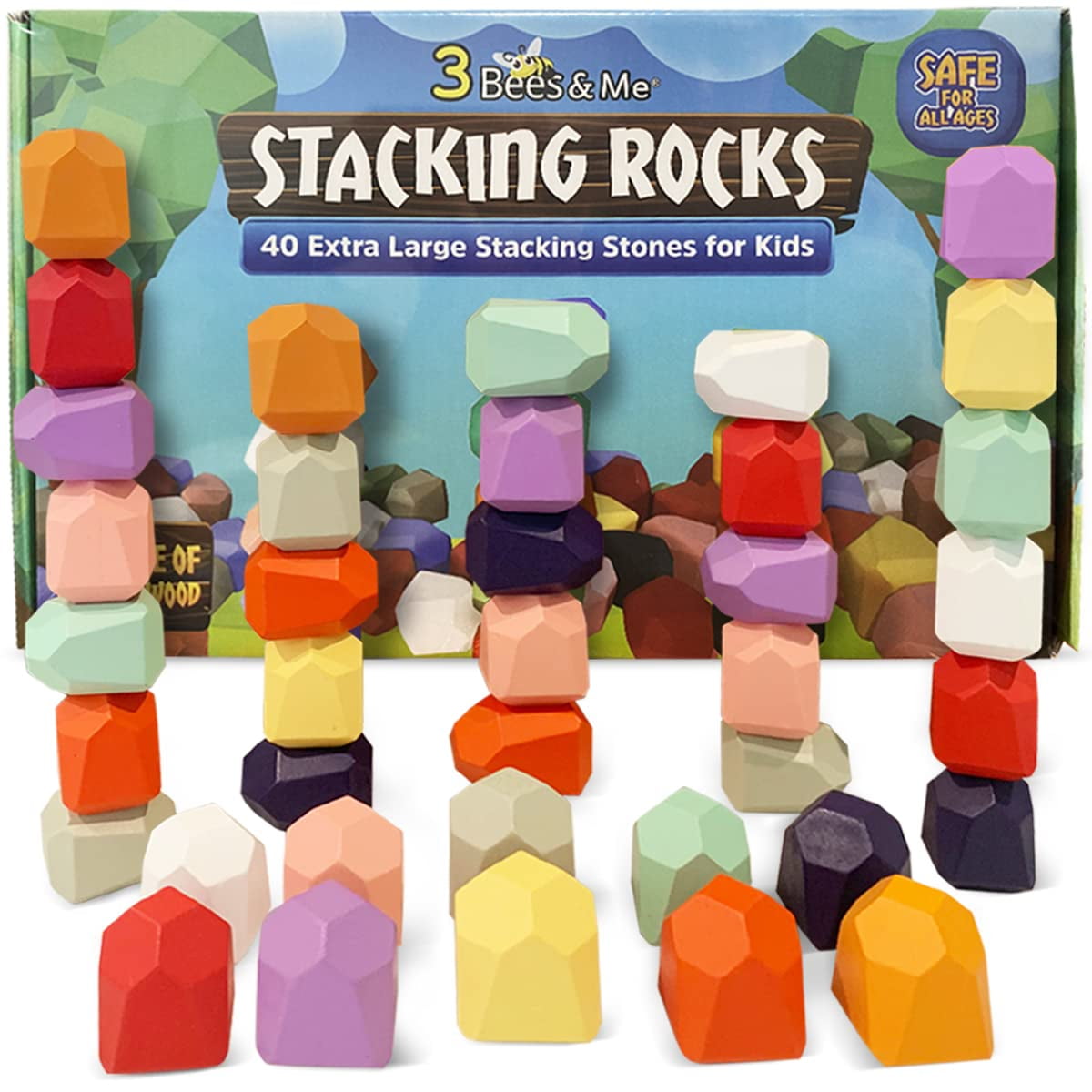3 Bees & Me Wooden Stacking Rocks - 40 XL Balancing Blocks & Stacking ...