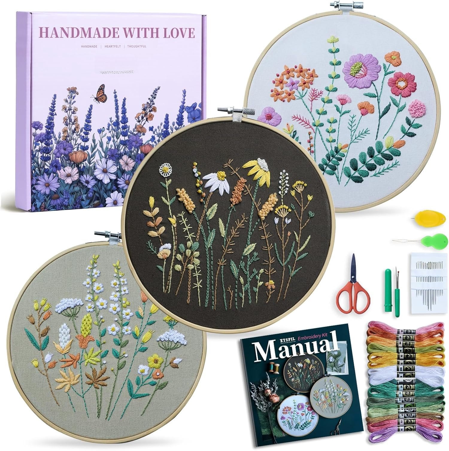 3 Beginner Embroidery Kits for , DIY Starter Set with Stamped Flower ...