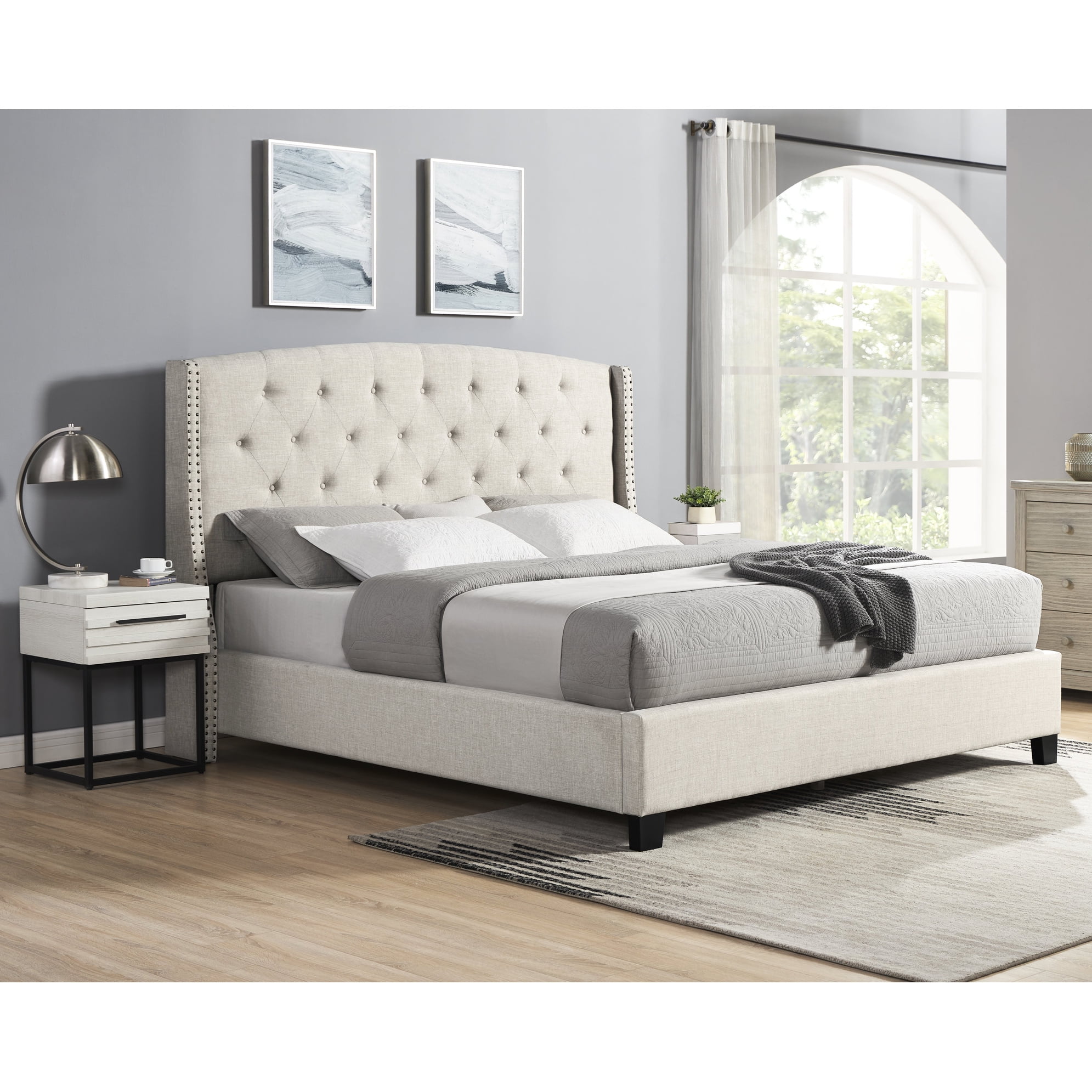 3 Beige Bedroom - Wingback Bed & 2 Nightstands For Queen Size ...