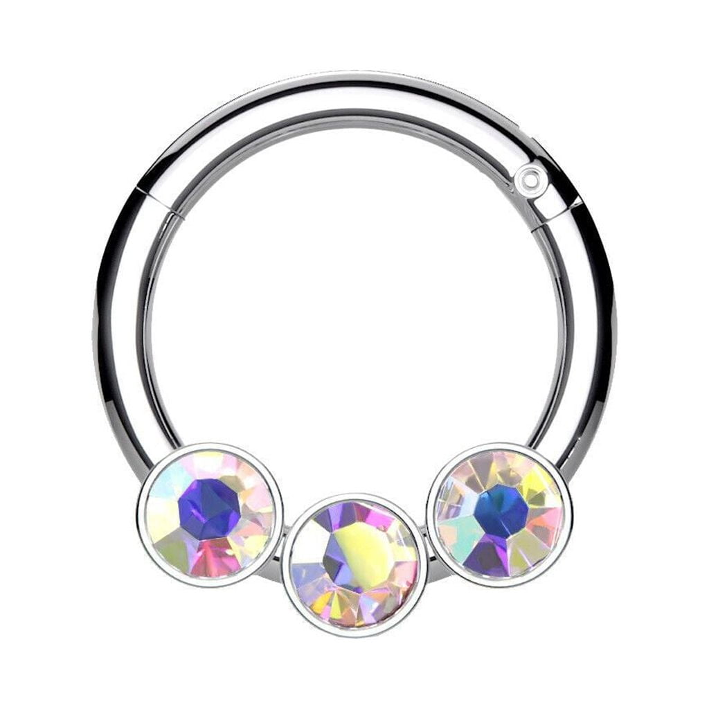 3 Bezel Set Crystals on Surgical Steel Hinged Segment Hoop Rings ...