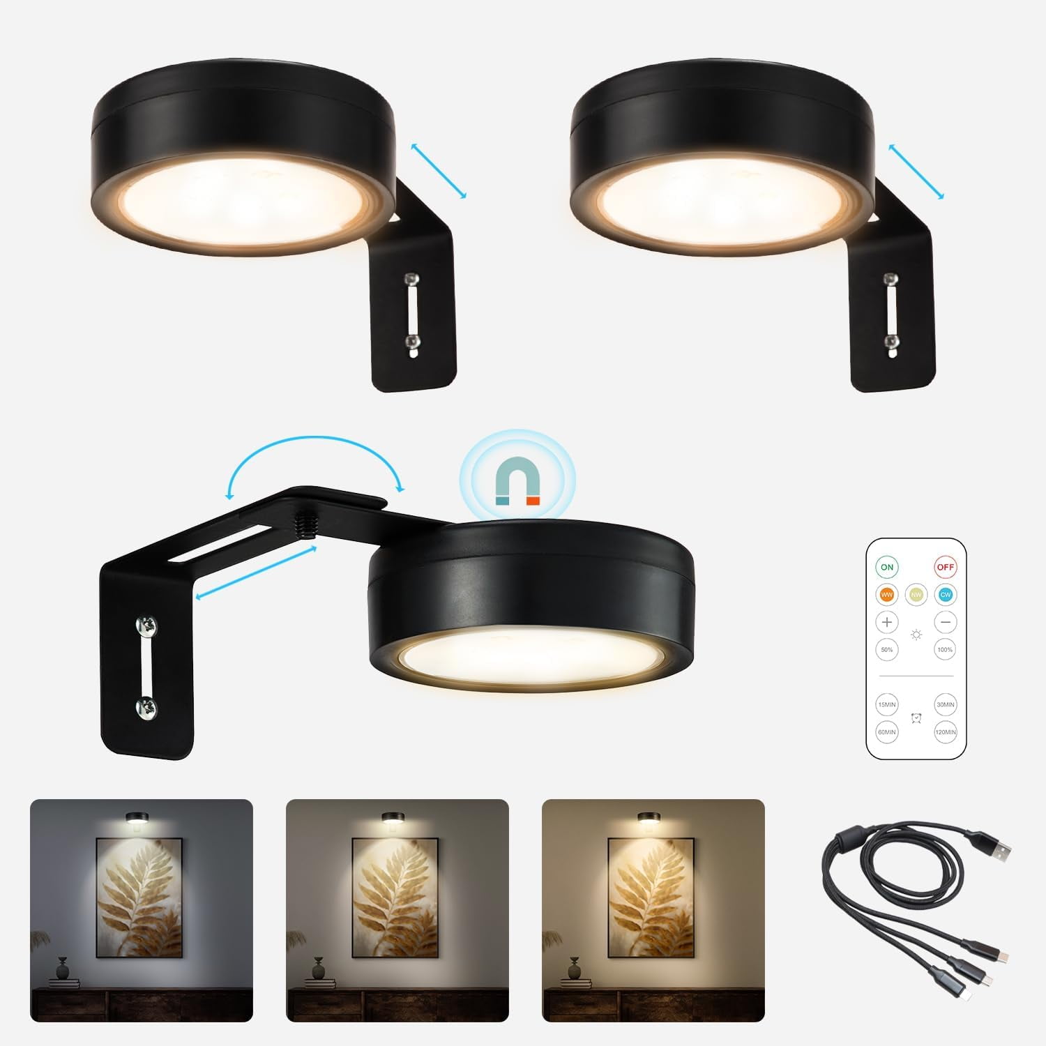 3 Black Picture Lights for Wall, Operated Picture Frame Light, Wall ...