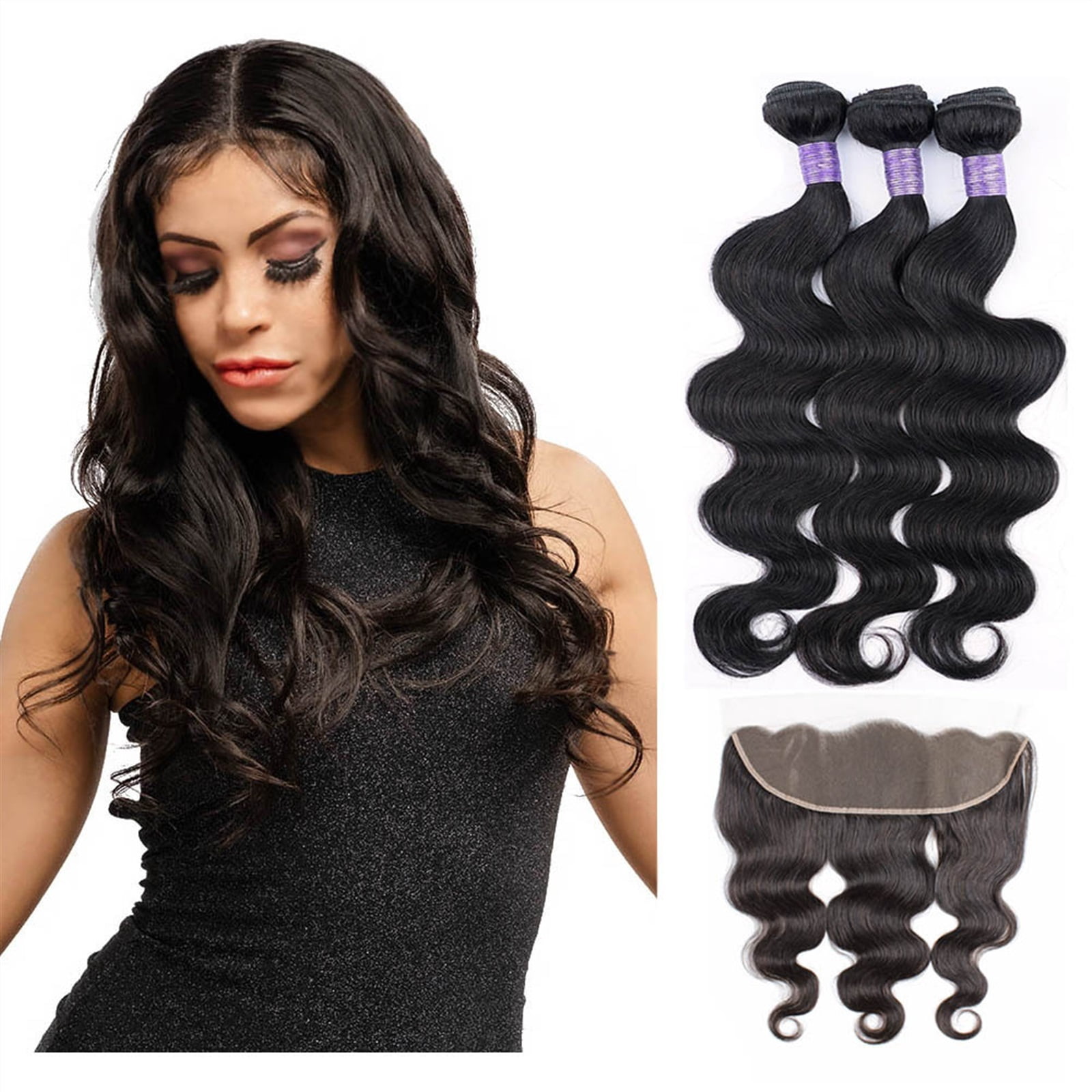3 Body Wave Bundles with 13x4 Lace Frontal Closure Transparent Remy ...