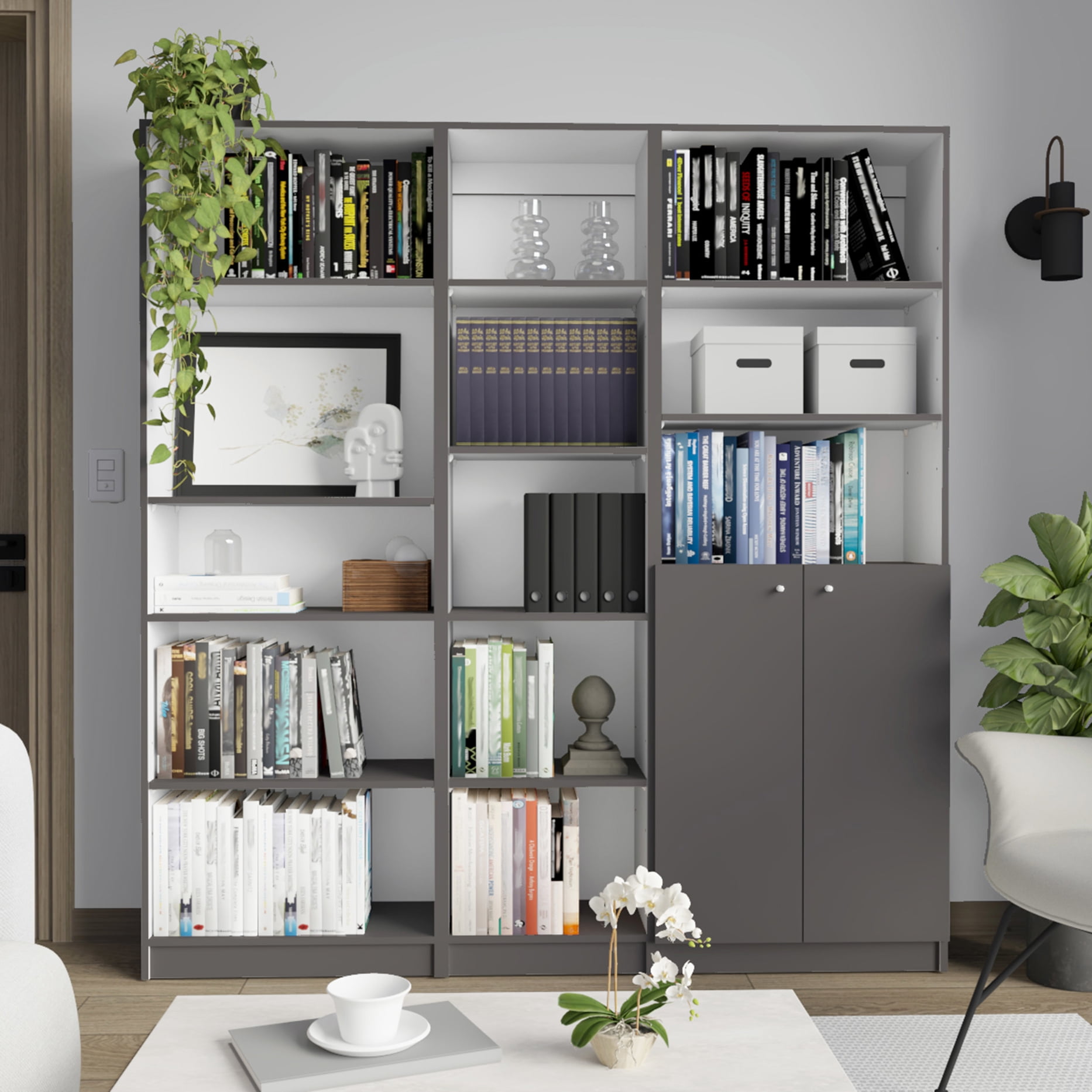 3 Bookcase Unit - 67" Wide Practical Design Gray/white With Cabinet ...