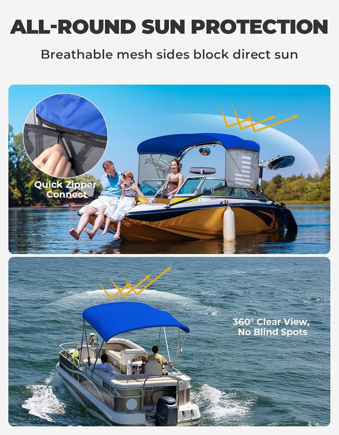 3 Bow Bimini Top with Detachable Mesh Sidewalls Boat Canopy Waterproof ...