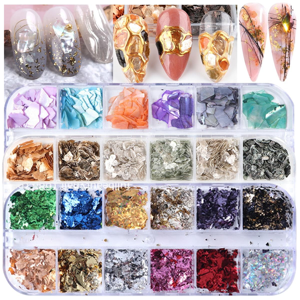 3 Boxes 36 Grids Nail Art Foil Flakes Glitter Irregular Mica Seashell Flakes,Nail Supplies ...