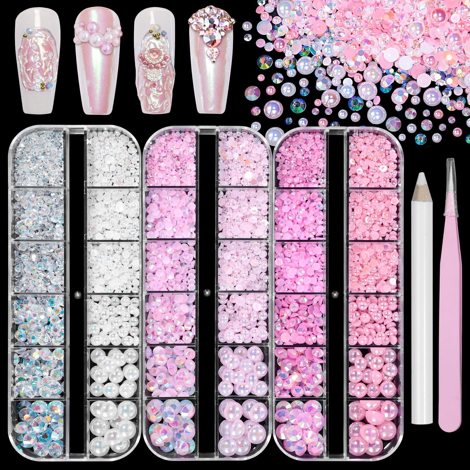 3 Boxes Rhinestones and TMA2 Pearl for Crafting, Mixed Sizes 2-8mm ...