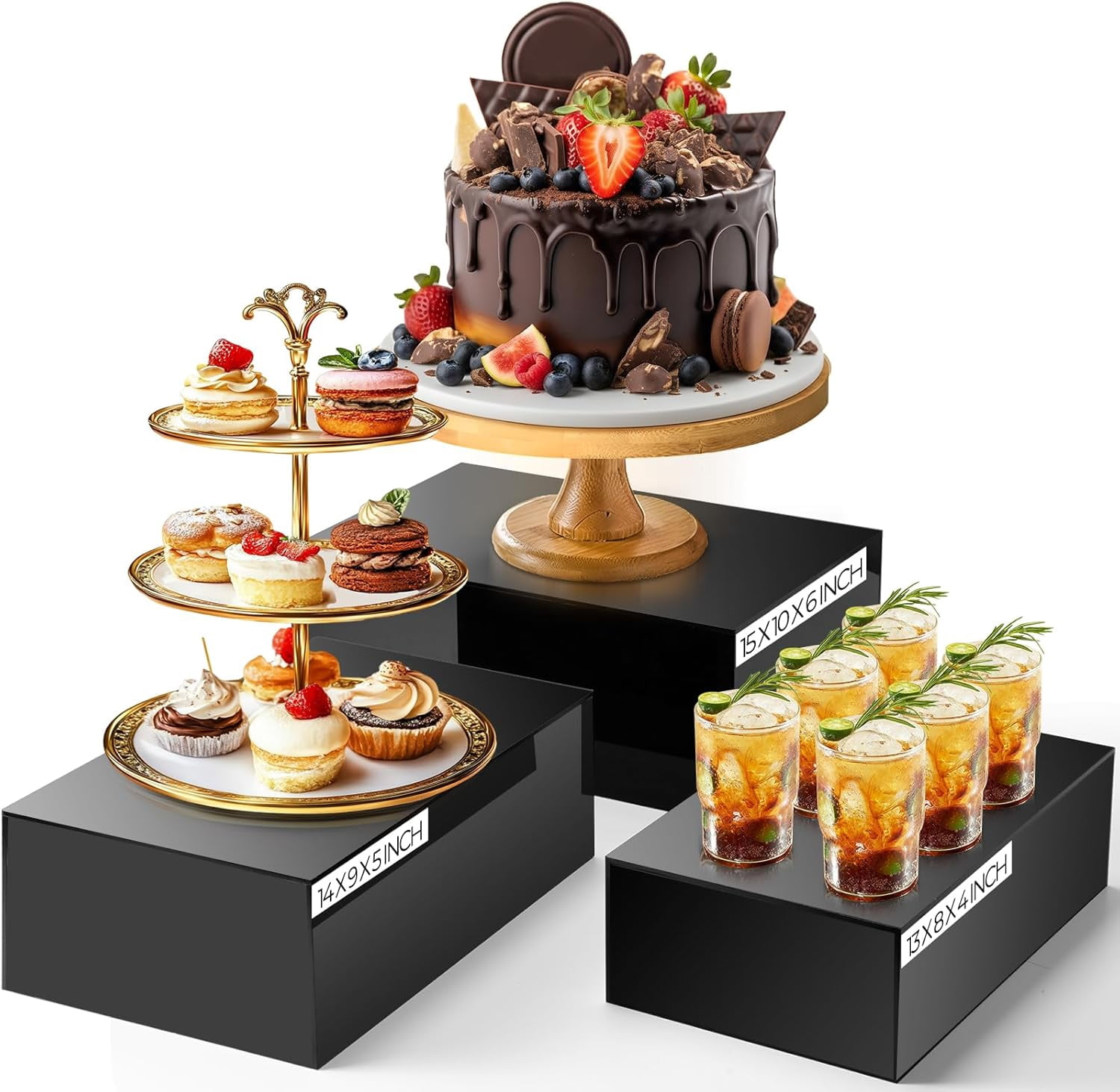 3 Buffet Risers - 15", 14", 13" Black Display Stands with Hollow ...