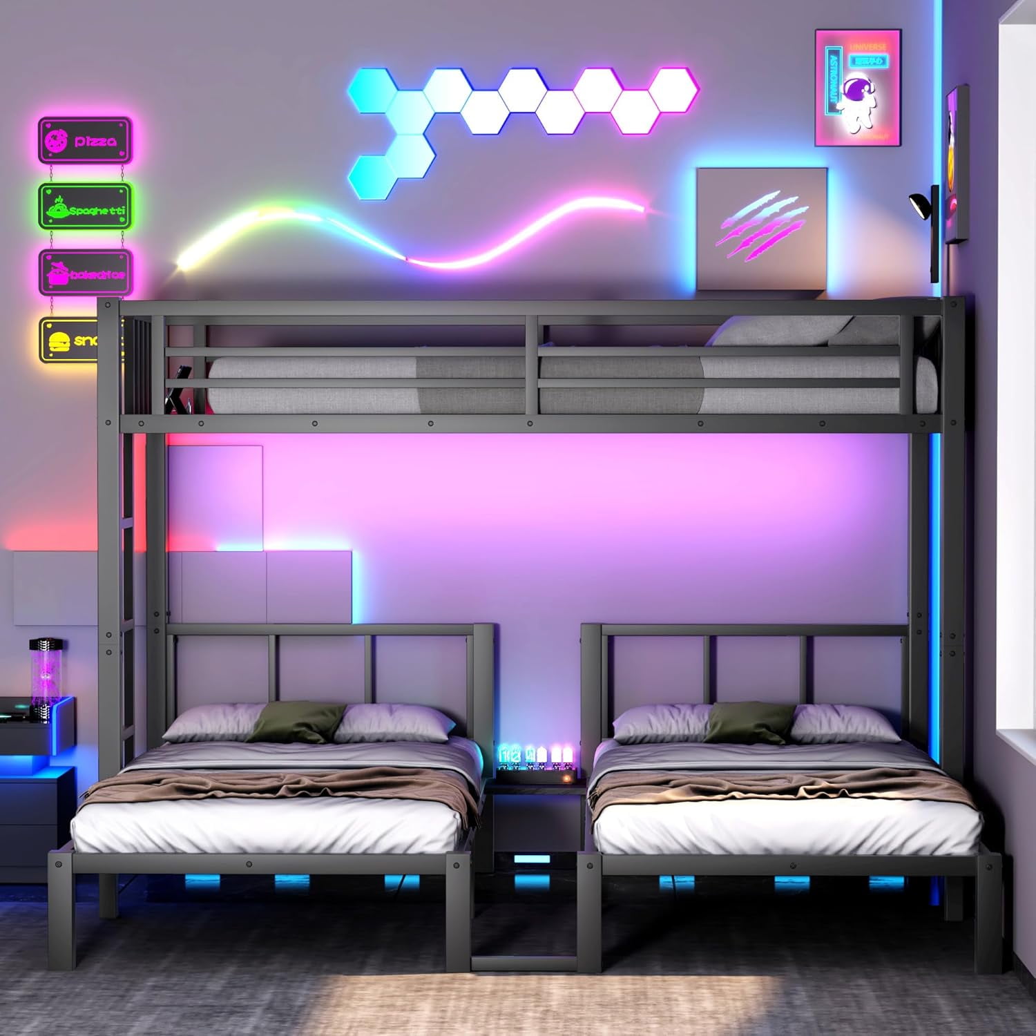 3 Bunk Beds for Kids LED Light,Metal Triple Bunk Bed with USB Station ...