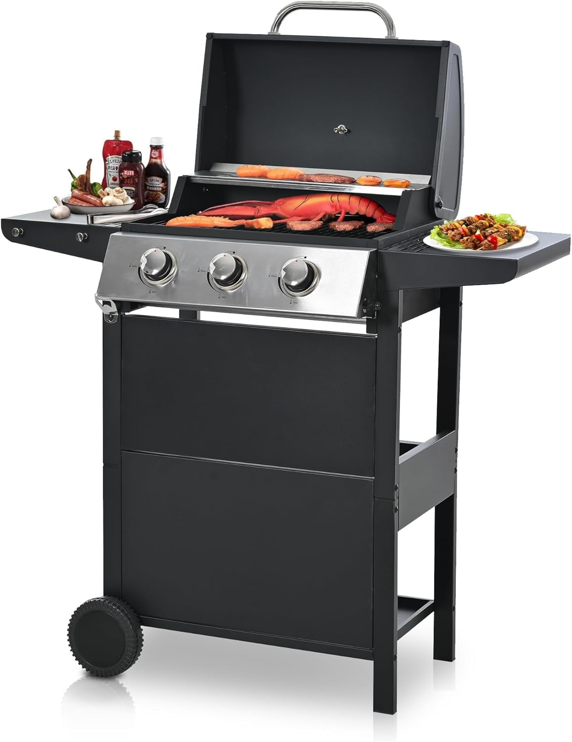 3 Burner BBQ Gas Grill, Propane Grill with Side Shelves and Wheel ...