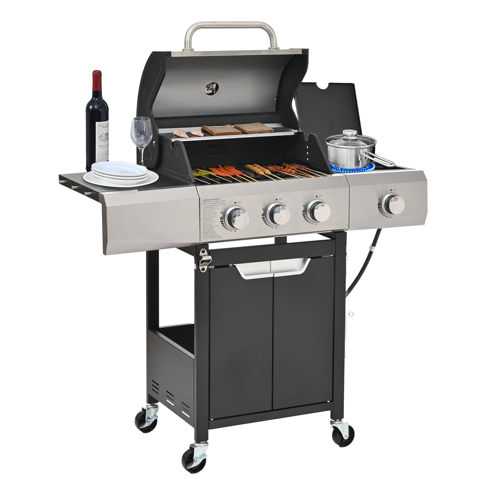 3 Burner BBQ Propane Gas Grill with Side Burner, 40,500 BTU Stainless ...