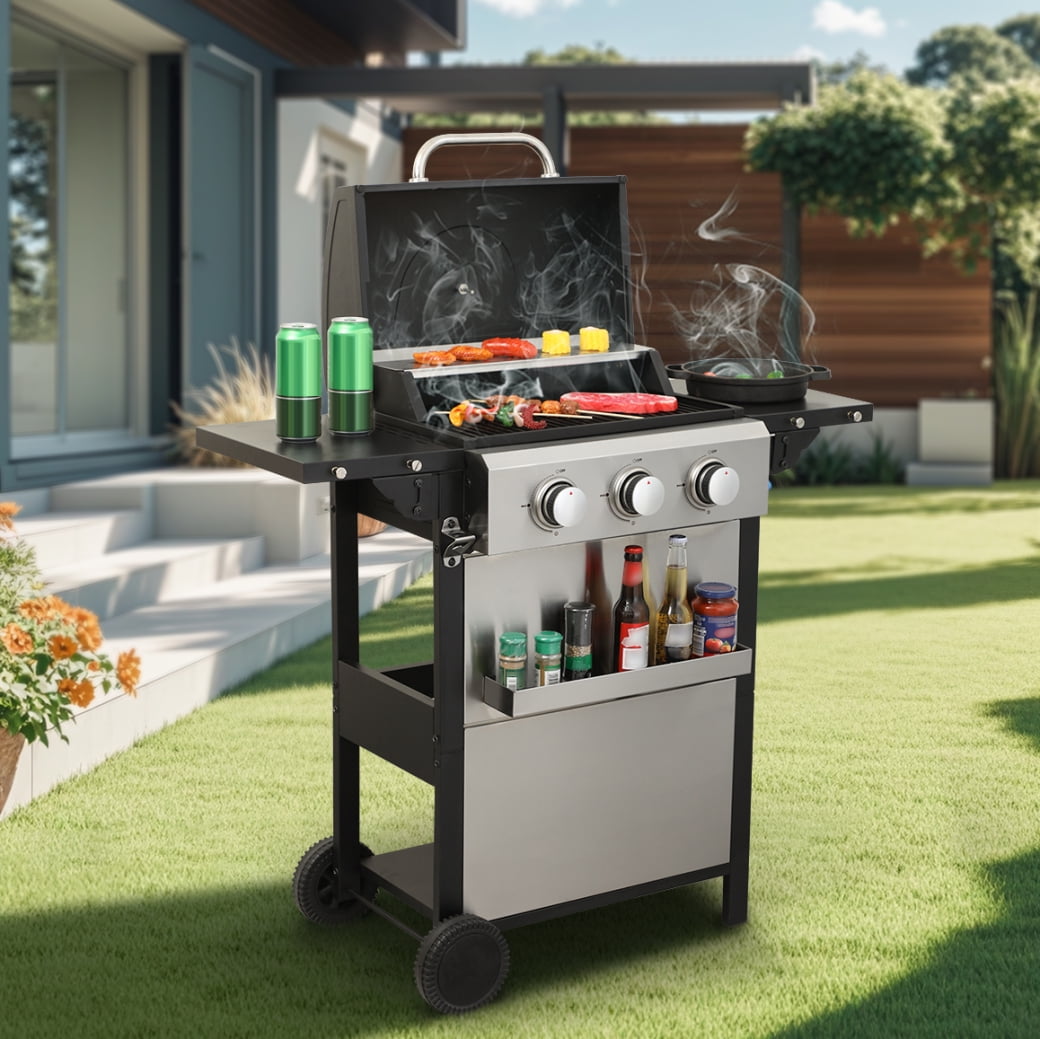 3 Burner BBQ Propane Gas Grill with Wheels, Outdoor Grill with 2 ...