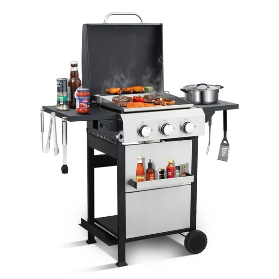 3-Burner Flattop Propane Gas Grill with Folding Side Table - 36,900 BTU ...
