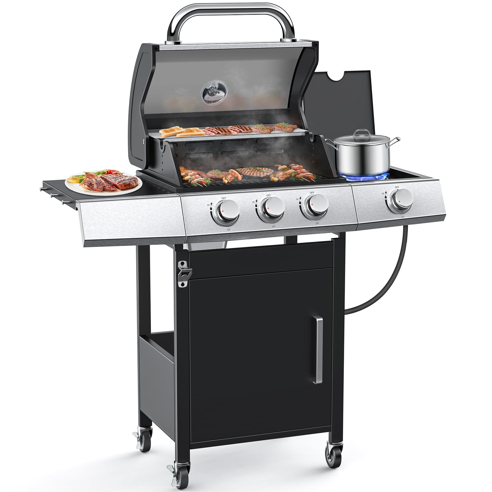 3-Burner Gas BBQ Grill with Side Burner, Outdoor Cooking Propane Grills ...