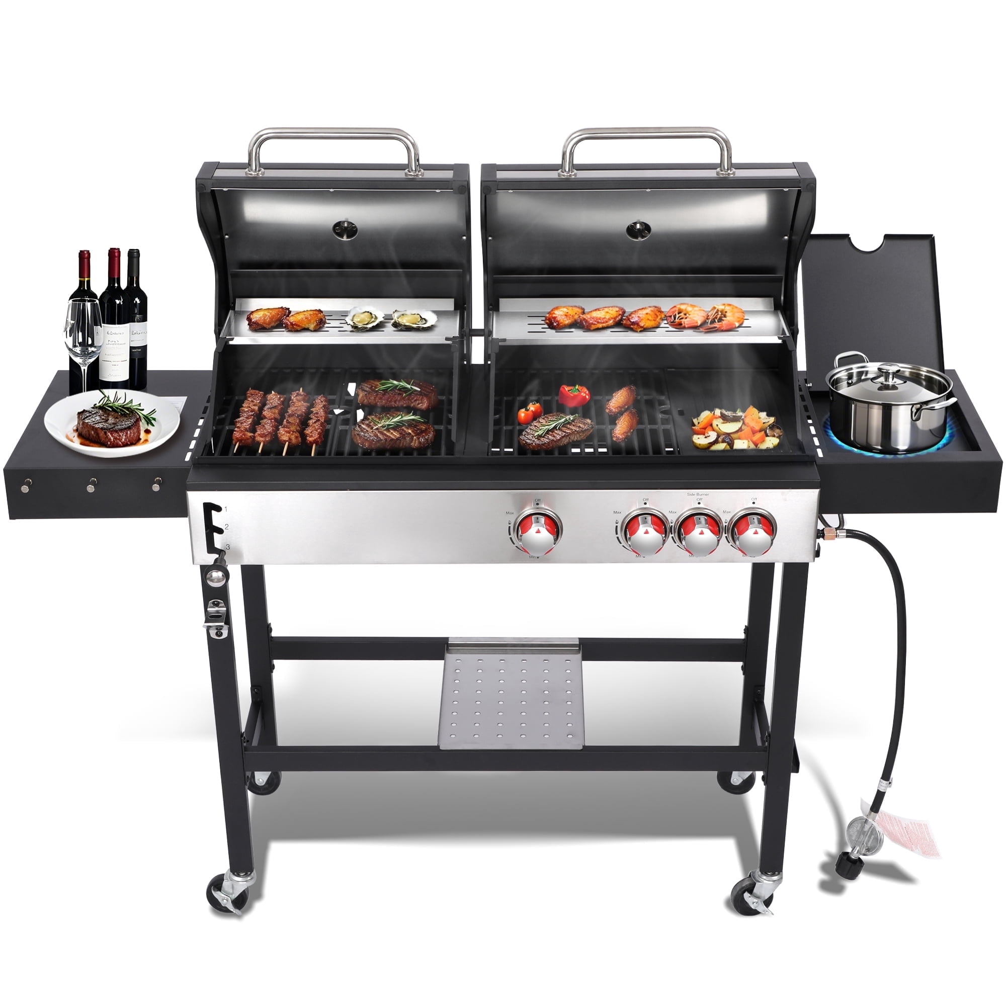3 Burner Gas & Charcoal Combo Grill with Side Burner, Outdoor BBQ ...