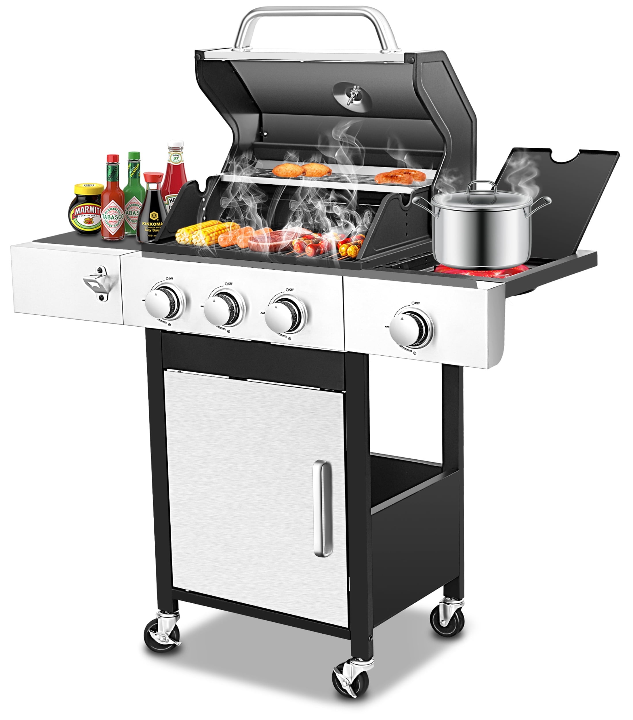 3-Burner Gas Grill with Side Burner, 37230 BTU Propane BBQ Grill with ...