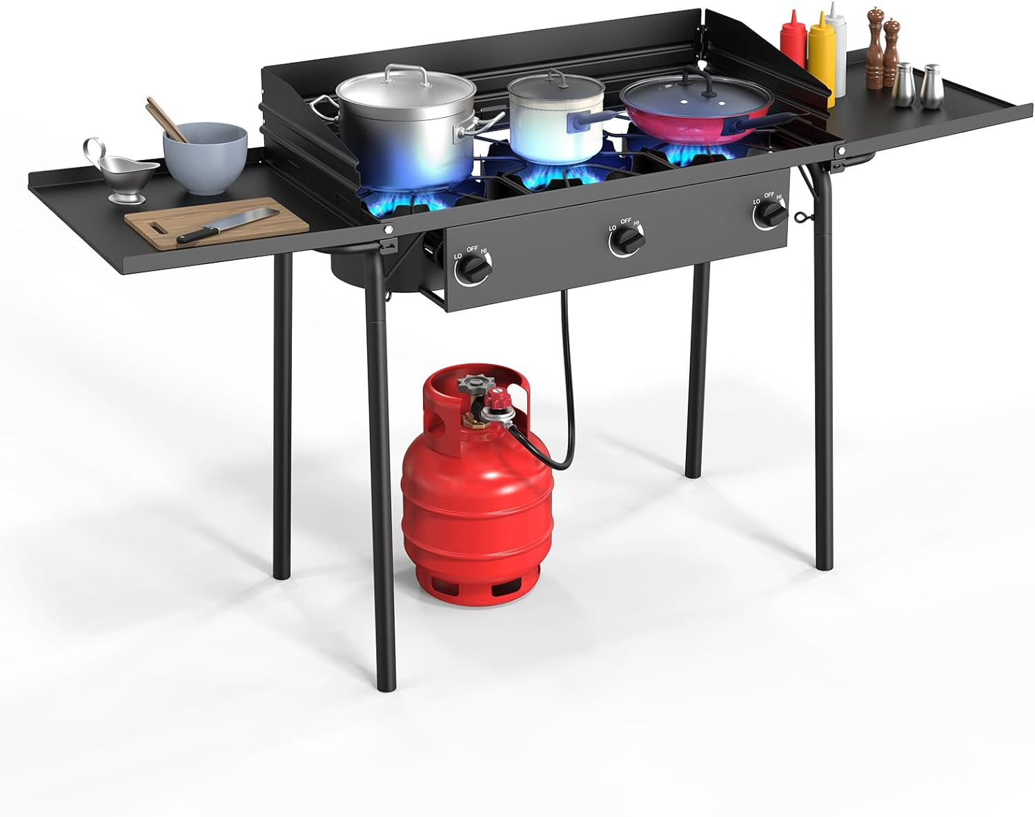 3 Burner Gas Stove with 2 Side Shelves, 225,000BTU Portable Propane ...