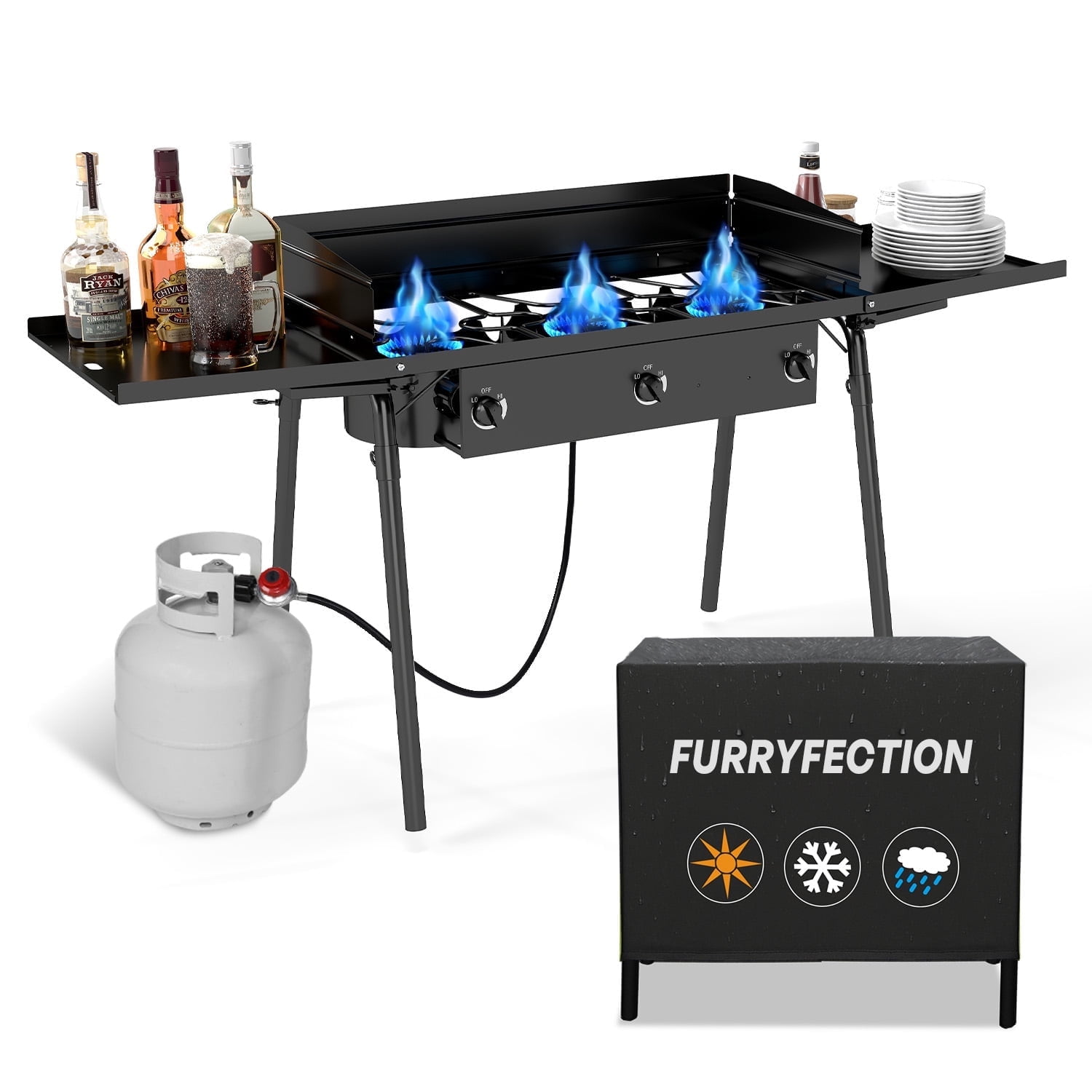 3 Burner Outdoor Camping Stove,20PSIG Regulator,225,000 BTU Propane Gas Stove with Windscreen ...