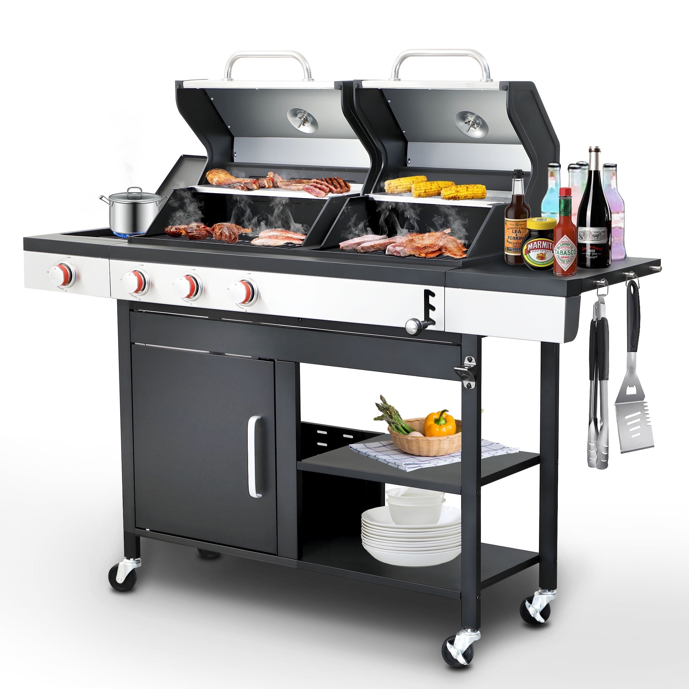 37230BTU Multi-function Grill, Combined with Charcoal Grill, 3-Burner ...