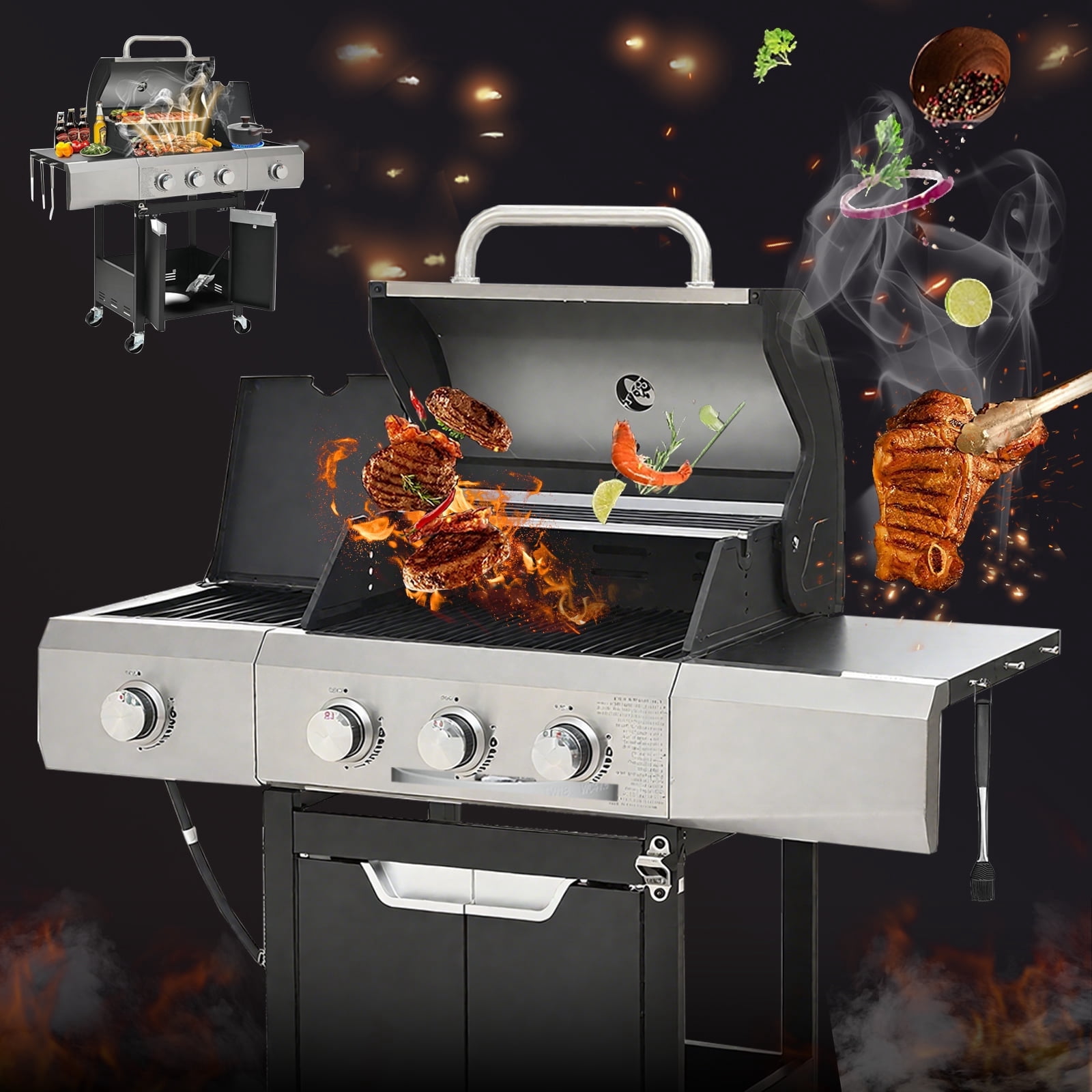 3-Burner Outdoor Grill with Side Burner, 40500 BTU Stainless Steel Gas ...