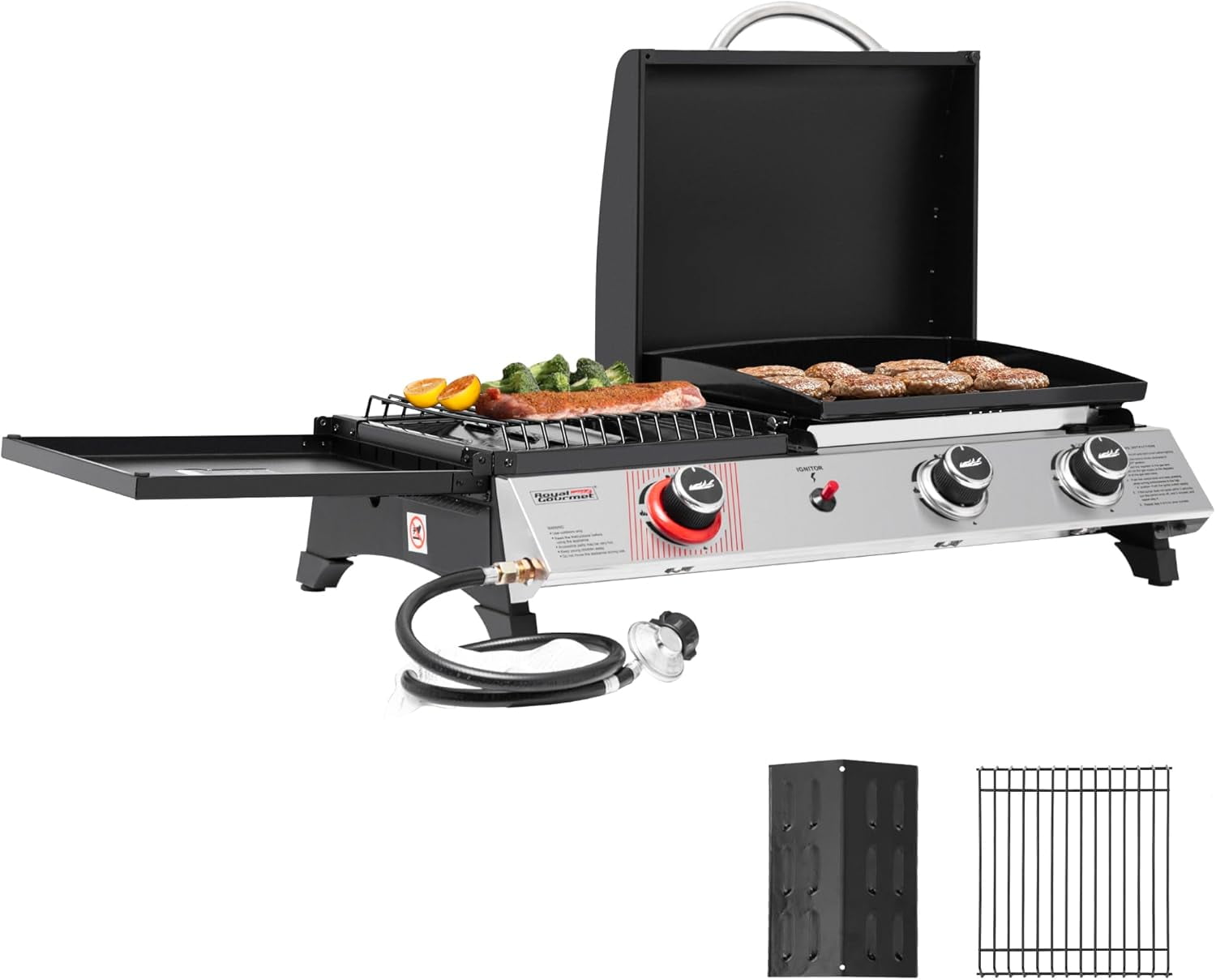 3-Burner Portable Propane Gas Griddle with Side Burner, 3-in-1 Grill ...