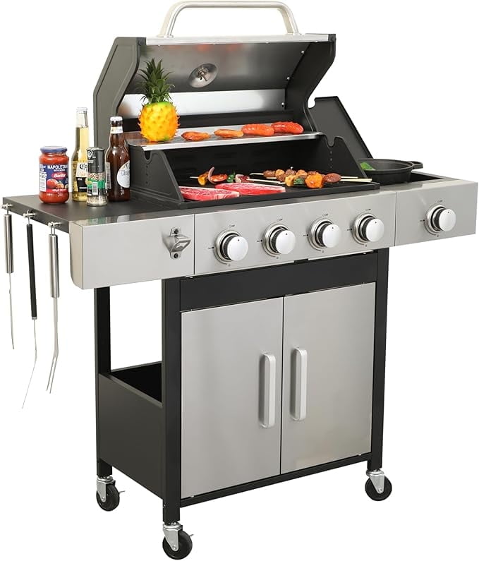 4-Burner Propane Gas BBQ Grill with Side Burner & Enameled Cast Iron ...
