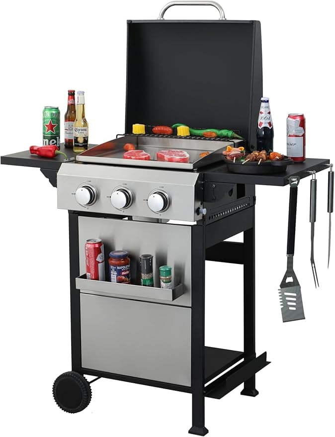 3-Burner Propane Gas BBQ Grill with Wire Enamel Cooking Grids&Plancha ...