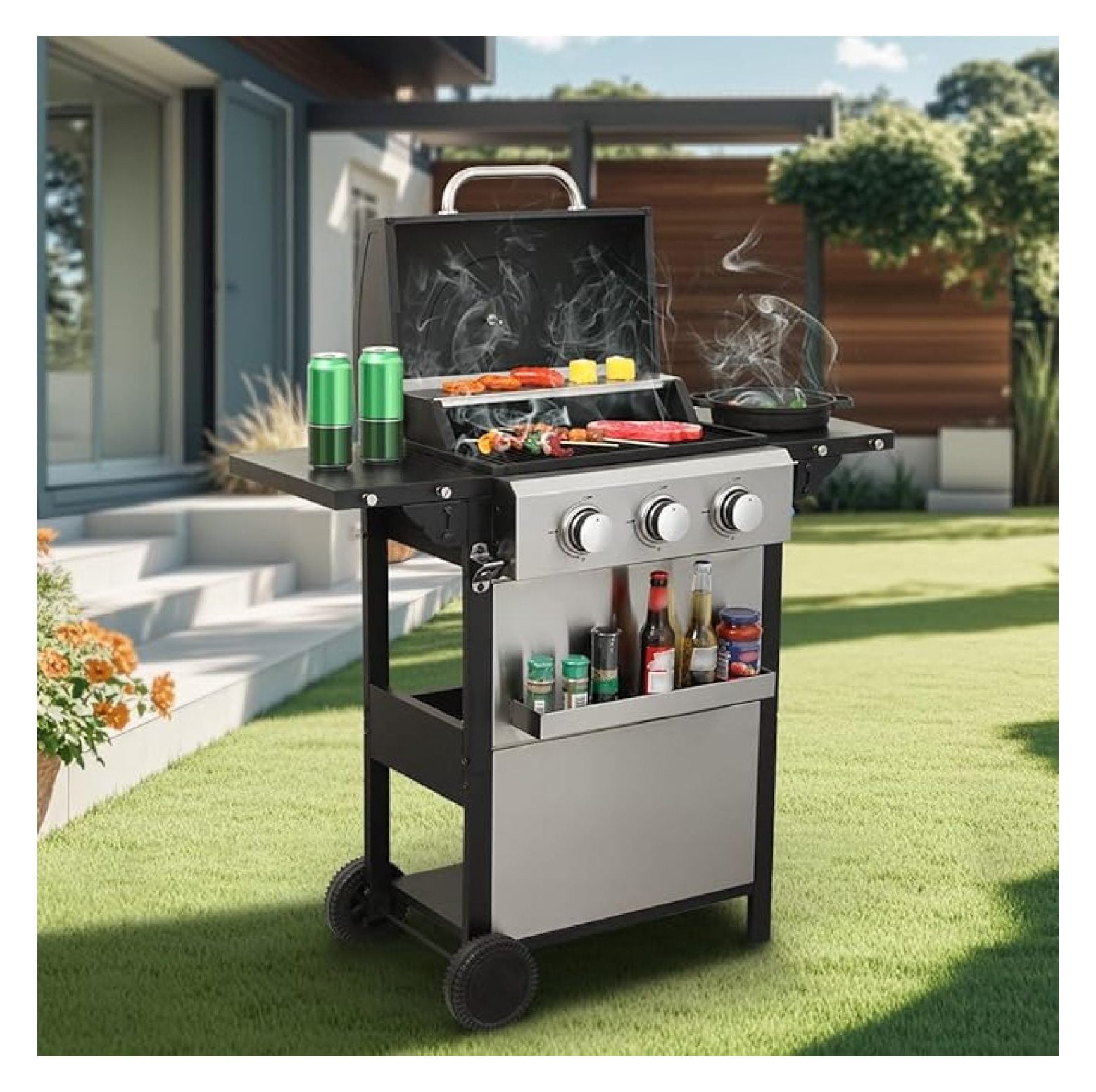 3 Burner Propane Gas BBQ Grill, 26,000 BTU Output with Wire Enamel ...