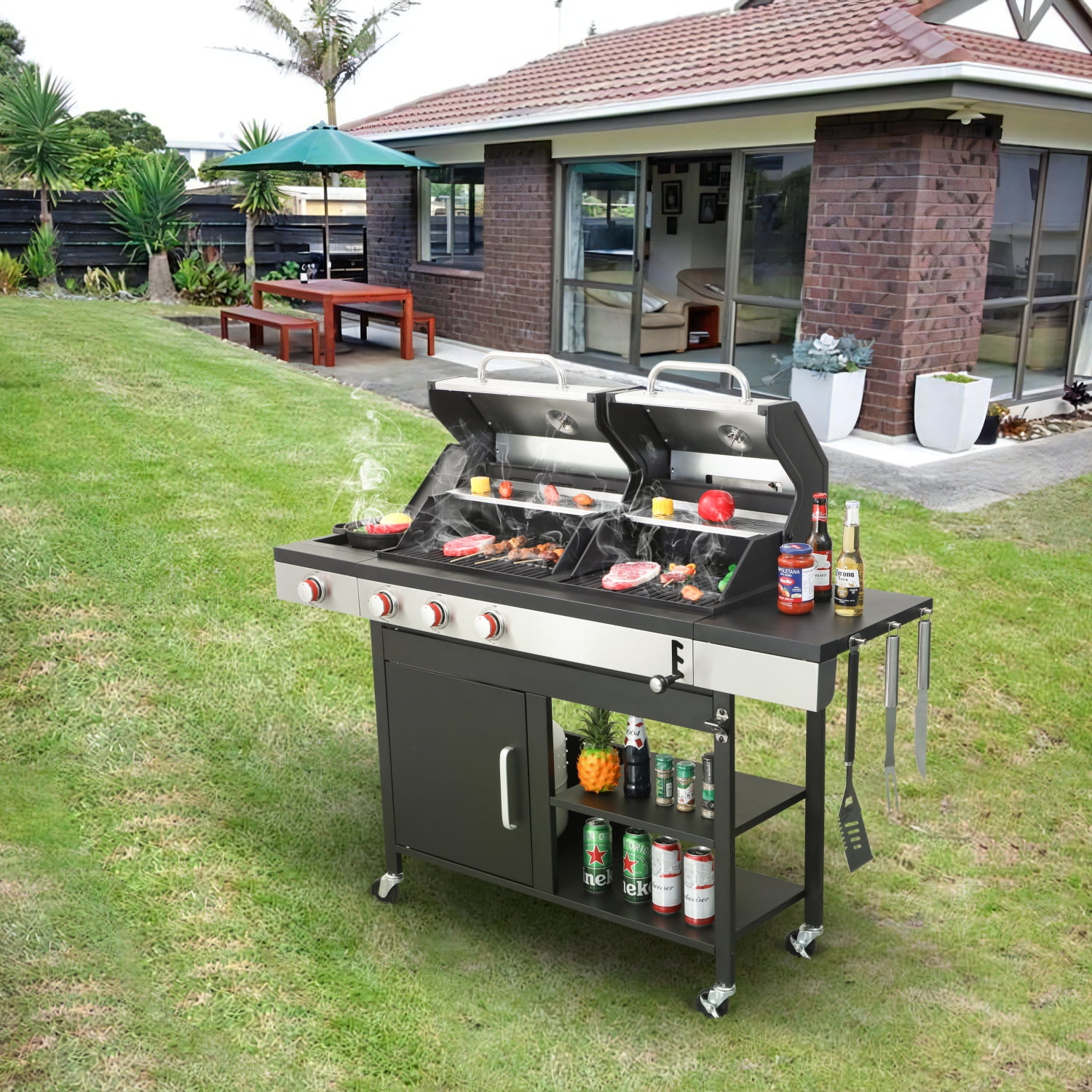 3-Burner Propane Gas BBQ Grill Side Burner Charcoal Combo Enameled Cast ...
