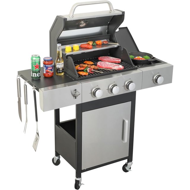 3-Burner Propane Gas BBQ Grill with Side Burner & Enameled Cast Iron ...