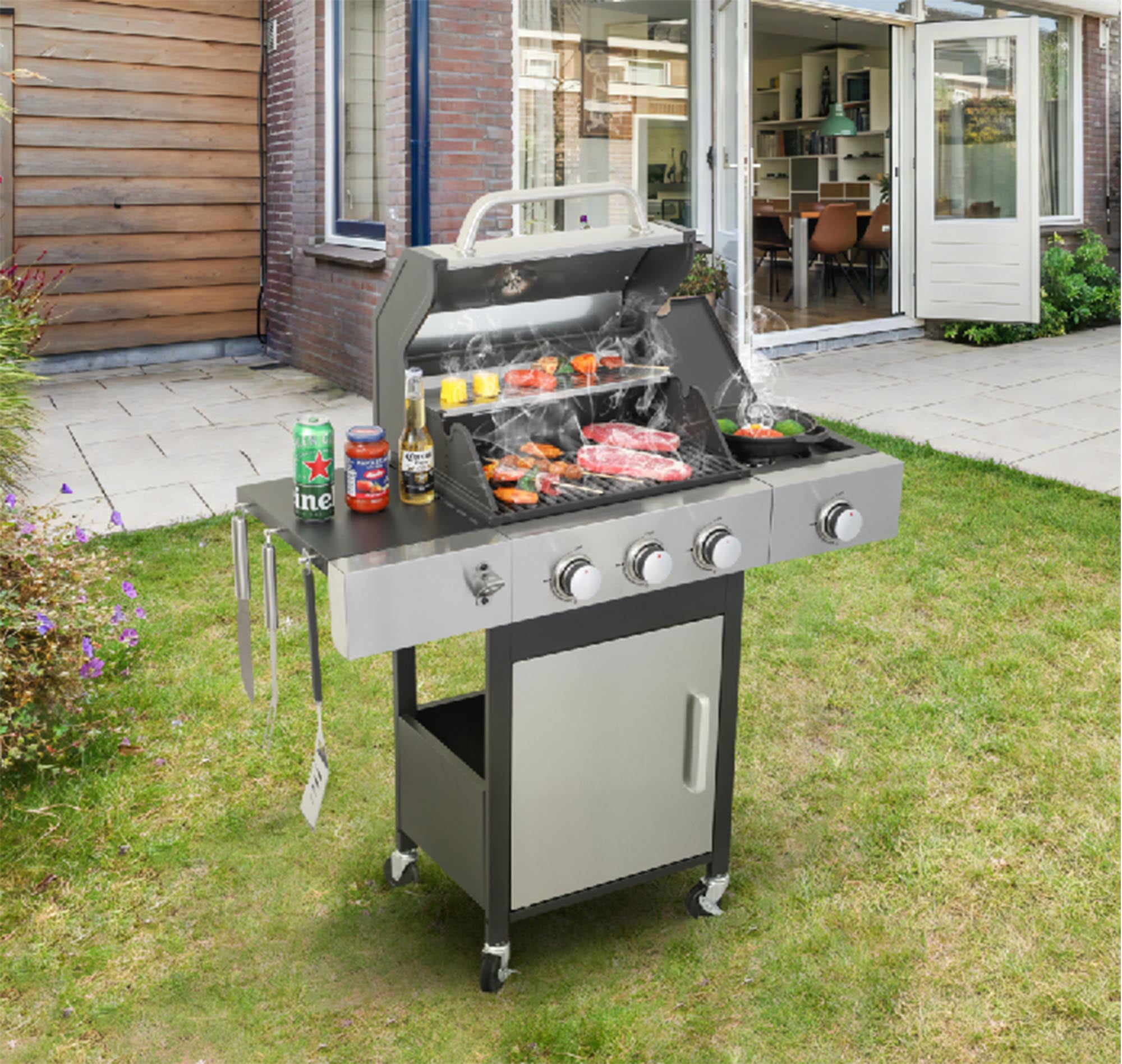 3-Burner Propane Gas BBQ Grill with Side Burner, 37230BTU Output With ...