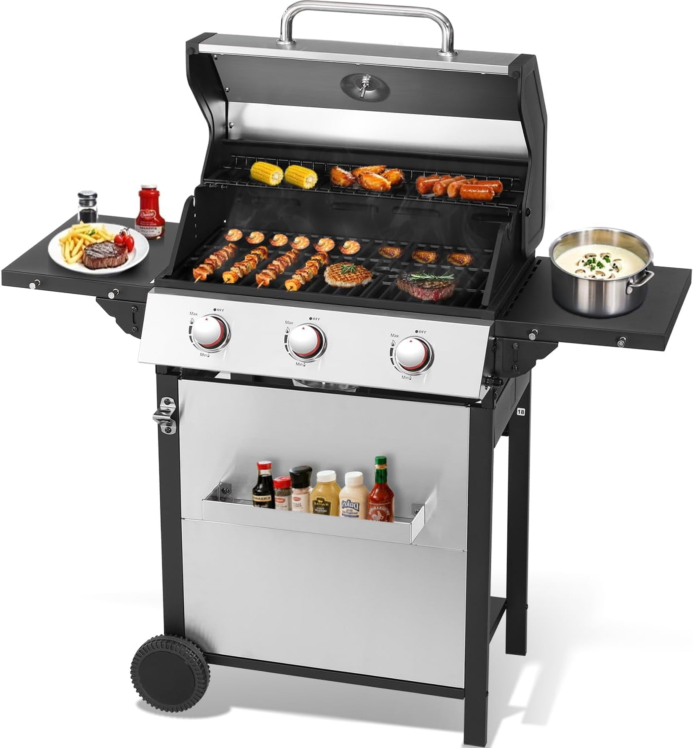 3-Burner Propane Gas Grill with 2 Folding Sides, BBQ Grill with Wheels ...