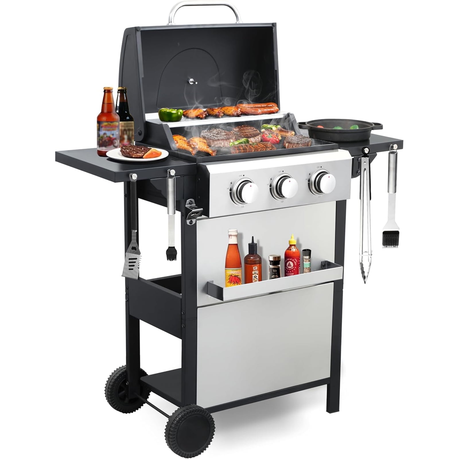3 Burner Propane Gas Grill , 25,650 BTU Output Outdoor BBQ Grill w/Wire ...