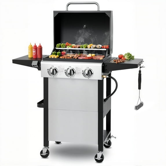 Enyopro 3-Burner Propane Gas Grill, 27000 BTU BBQ Grill with Foldable Side Table, Stainless ...