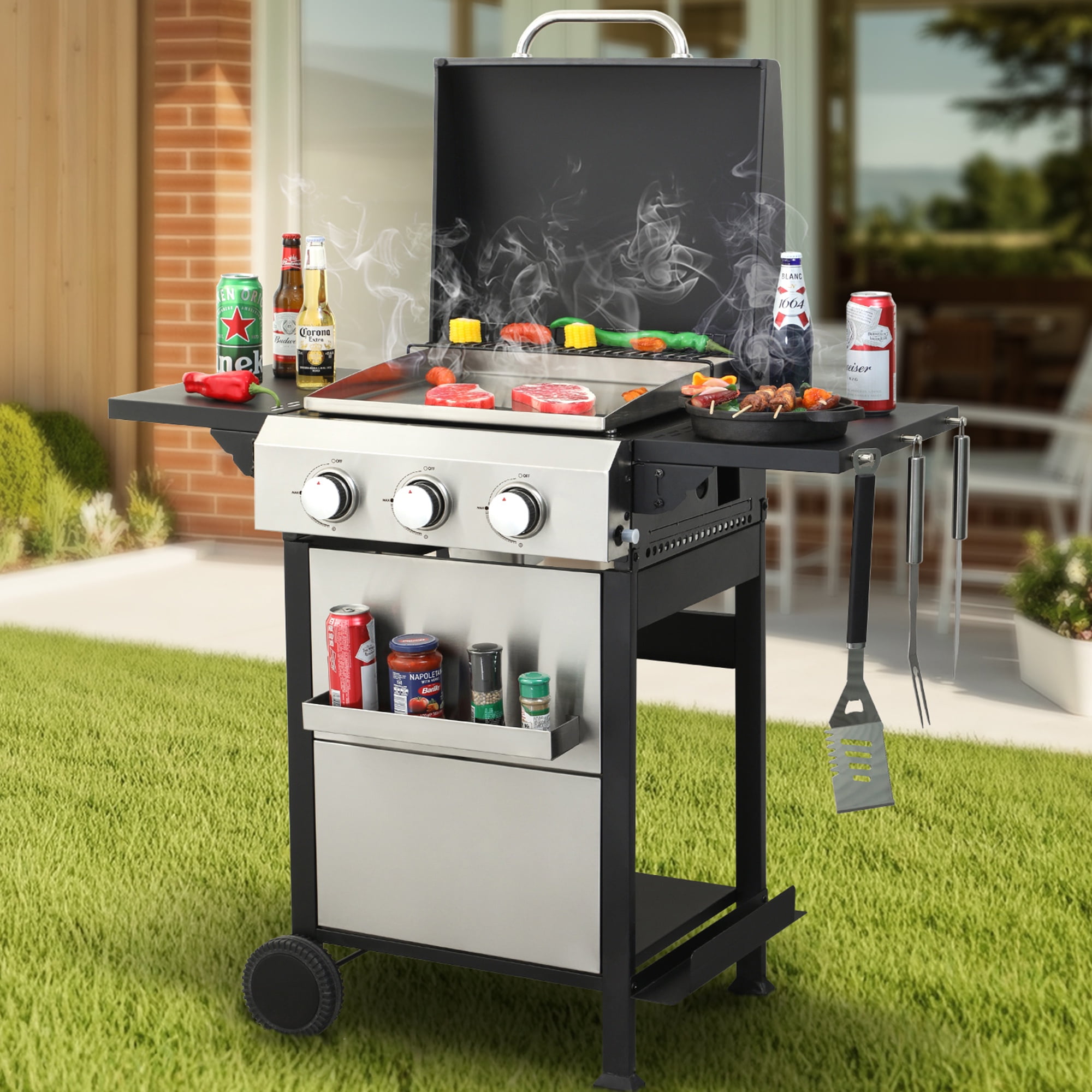 3 Burner Propane Gas Grill and Griddle Combo, Propane BBQ Grill with ...
