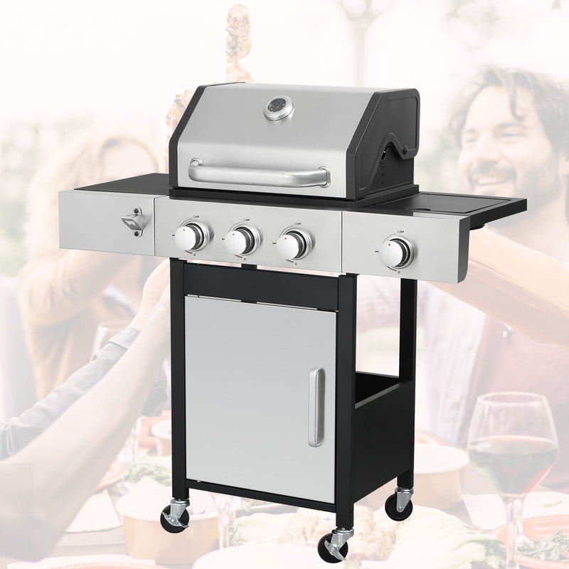 3-Burner Propane Gas Grill with Side Burner - 37,230 BTU Stainless Steel Outdoor BBQ with ...
