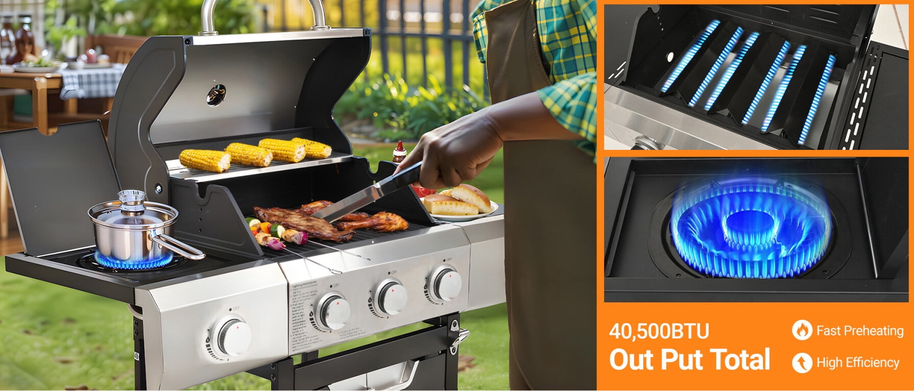 3-Burner Propane Gas Grill with Side Burner - 40,500 BTU Stainless ...