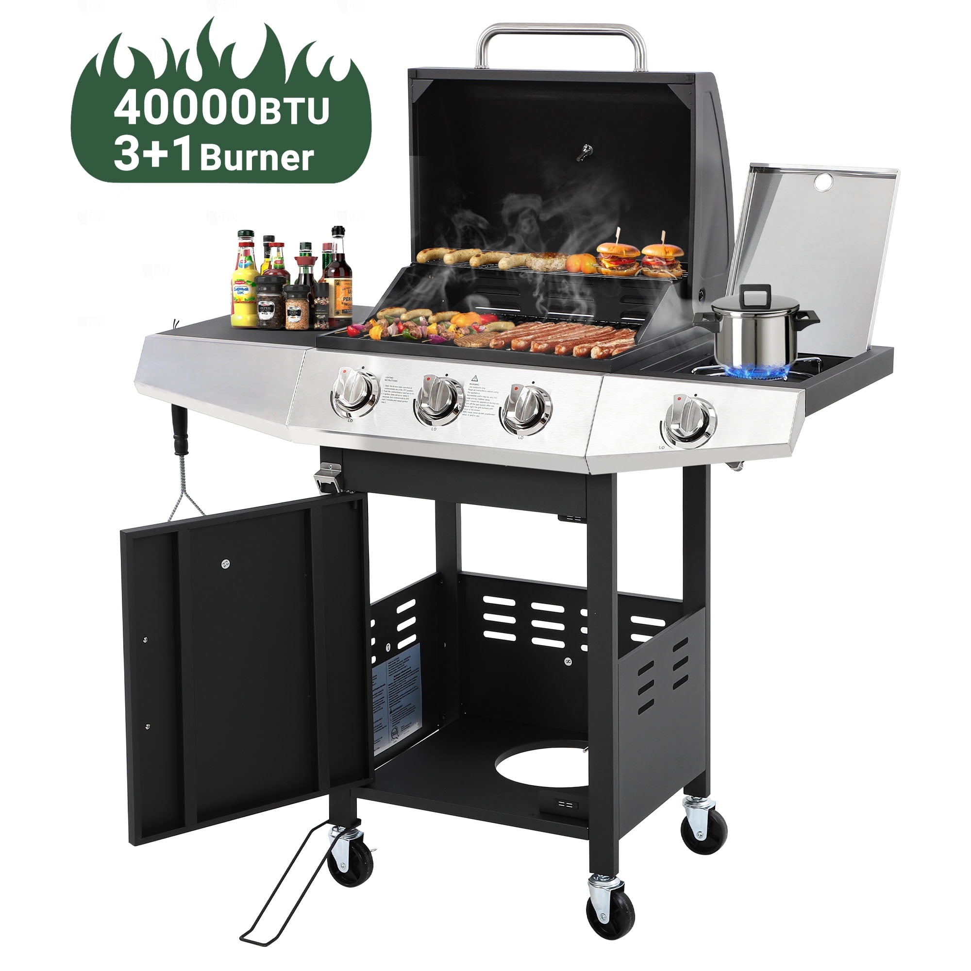 3-Burner Propane Gas Grill with Side Burner, 40000 BTU Barbecue Grill with Built-in Thermometer ...