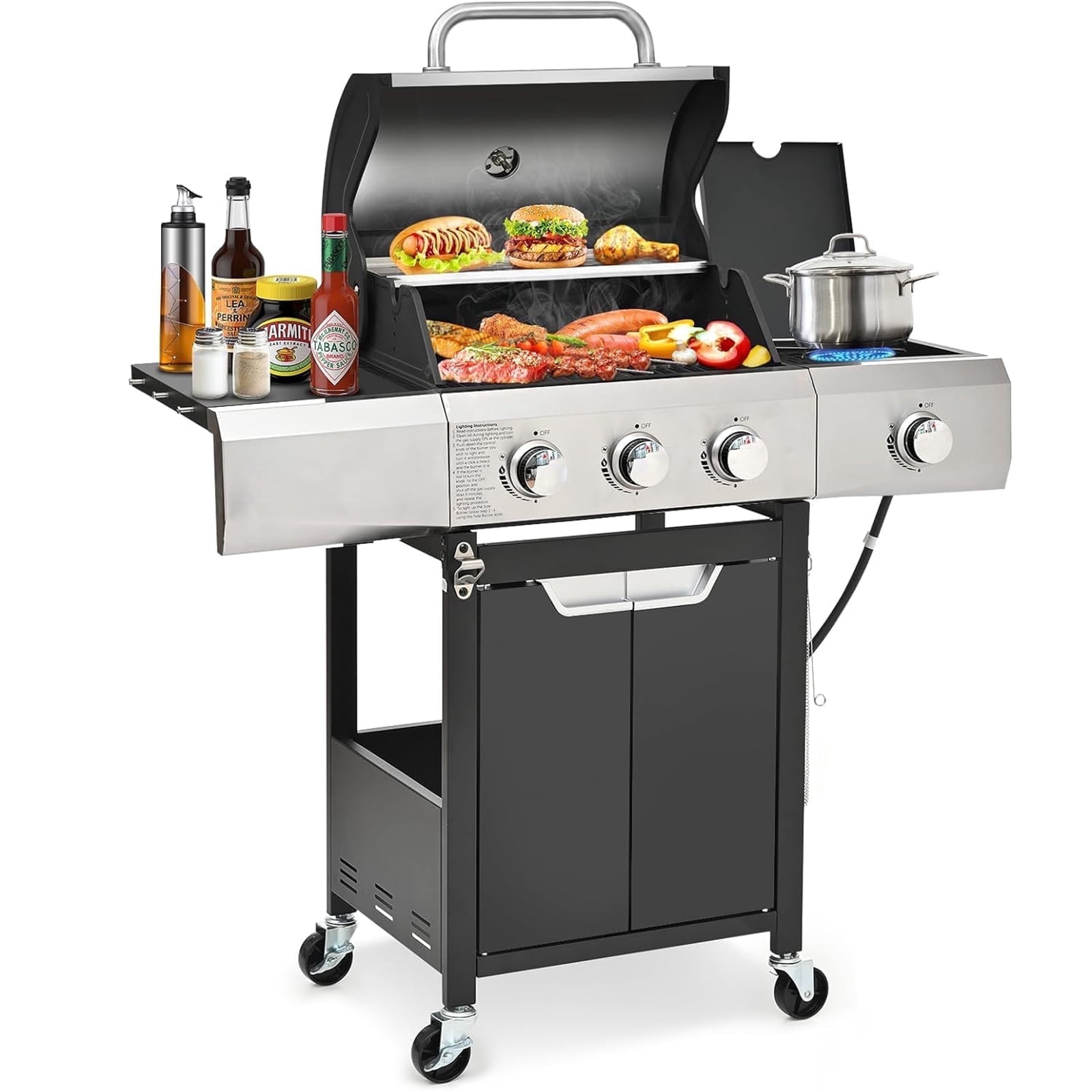 3 Burner Propane Gas Grill with Side Burner, 40500 BTU Output Outdoor ...