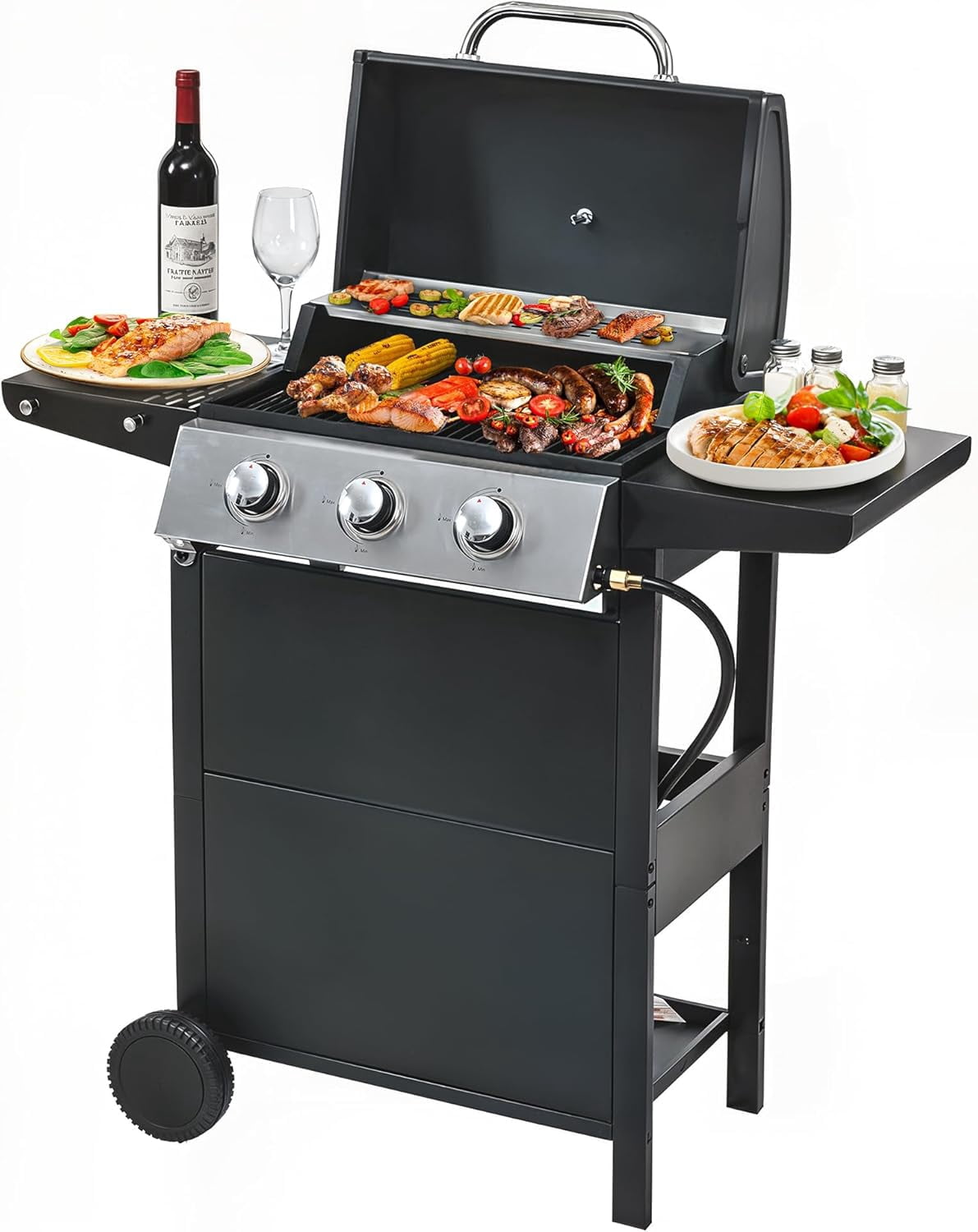3-Burner Propane Gas Grill, Stainless Steel 26,000 BTU BBQ Grill with ...