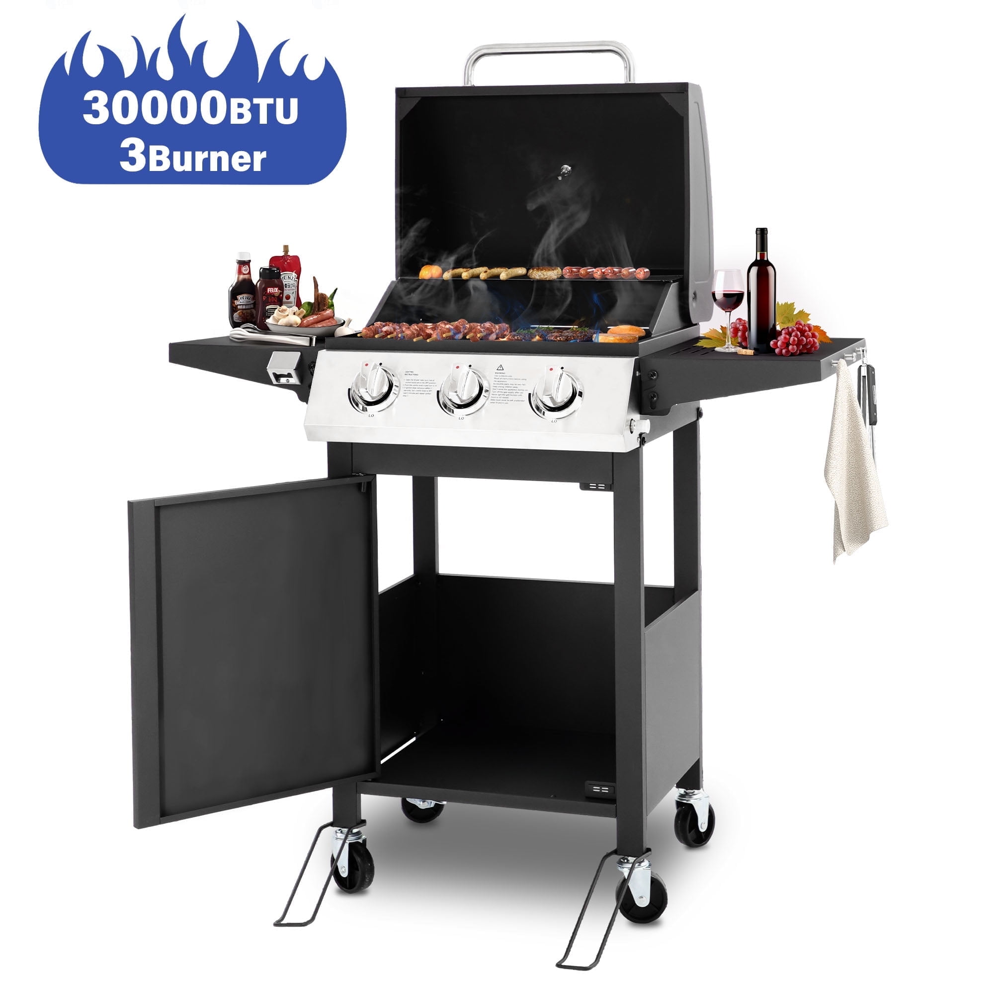 Sturdy 3 Burner Propane Gas Grill, Stainless Steel BBQ with Side Burner, Thermometer, 37,150BTU ...