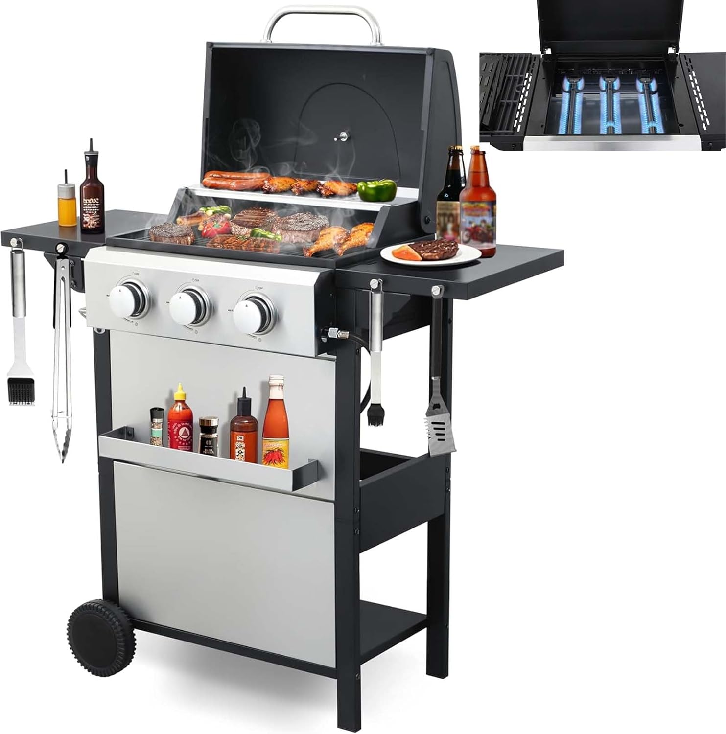3-Burner Small Propane Gas Grill with 2 Foldable Side Tables, 25,650 ...