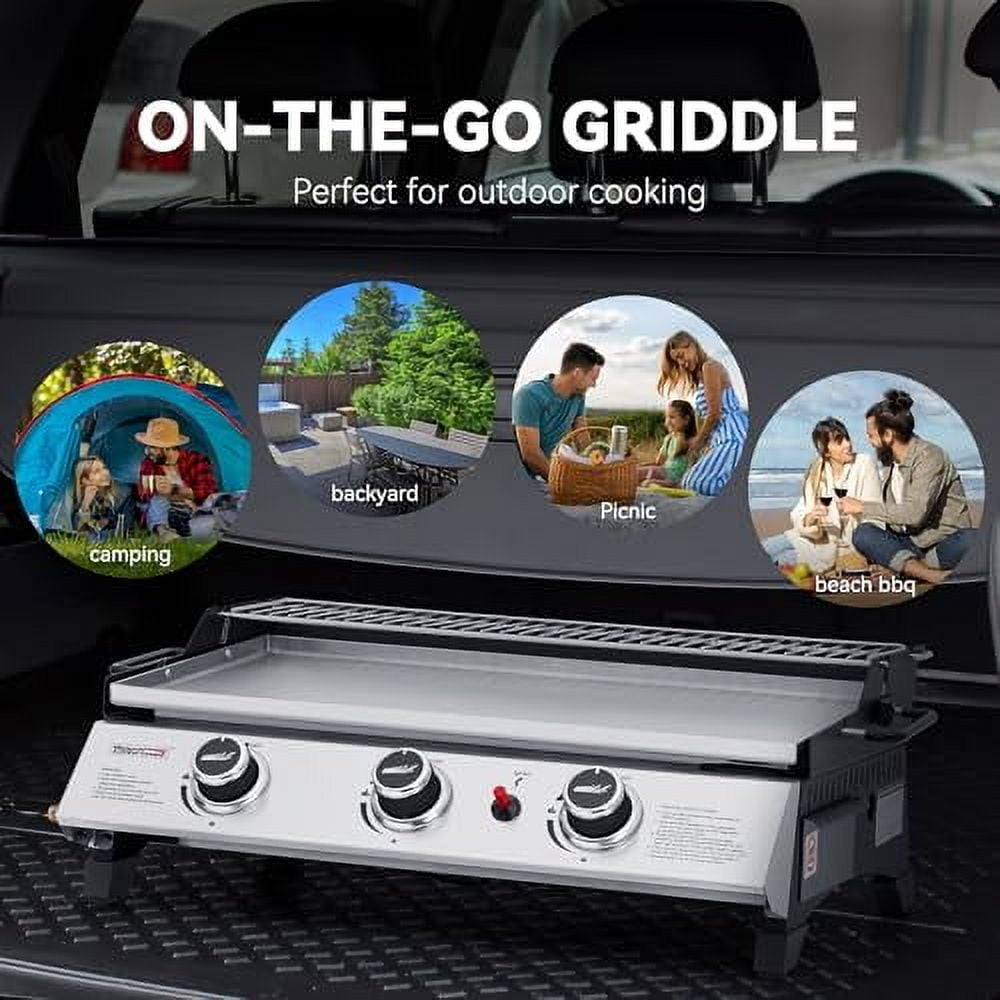 3-Burner Tabletop Propane Gas Grill Griddle with Warming Rack, 24-Inch ...
