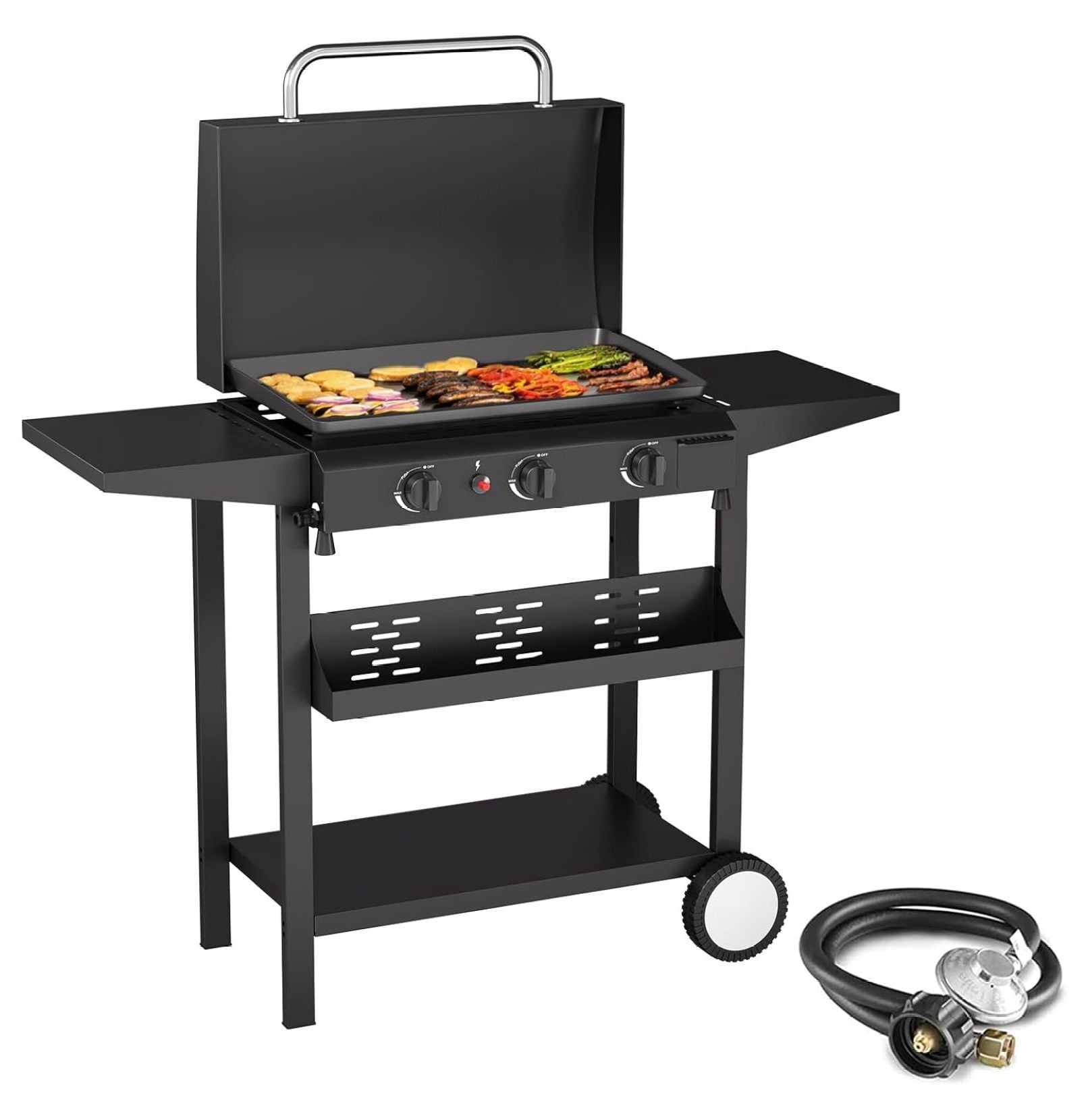 3 Burners Gas Griddle with Hood-Outdoor Propane Griddle, Portable Flat ...