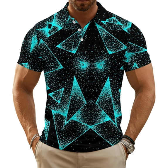 3 Button Shirt Men Geometric Printed Collared Golf Shirts Trendy Tops ...