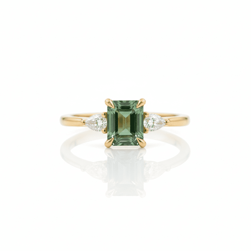 3 CT Emerald Cut Green Sapphire & Pear Cut Diamond Trilogy Engagement ...