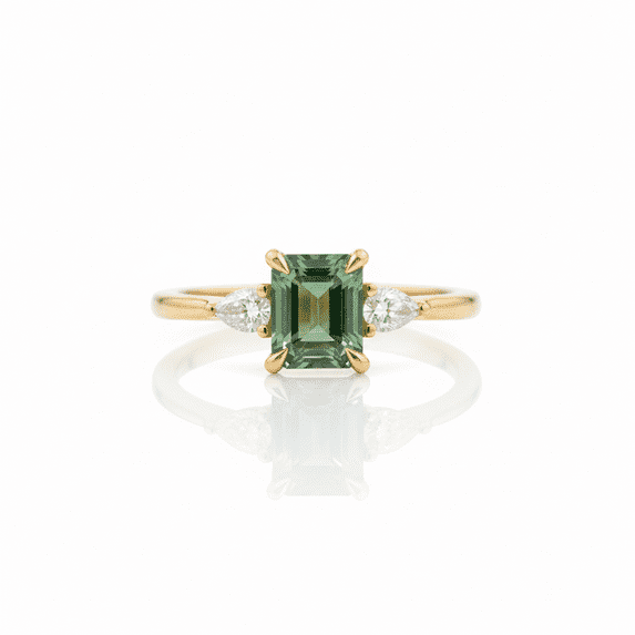 3 CT Emerald Cut Green Sapphire & Pear Cut Diamond Trilogy Engagement ...