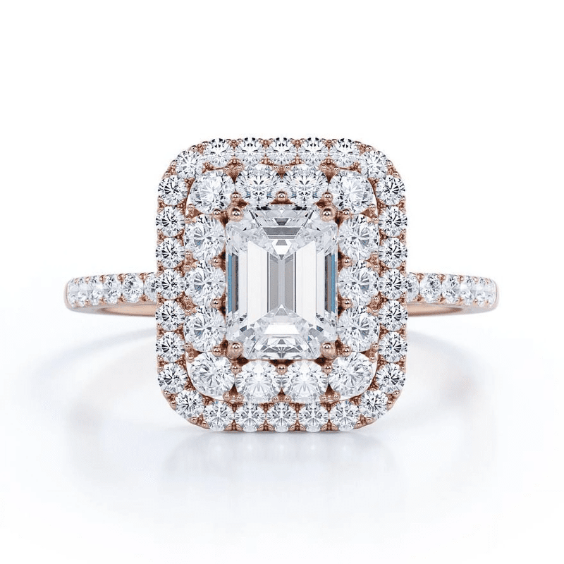 3 CT Engagement Ring Emerald Cut Moissanite Plated Yellow Gold Double ...